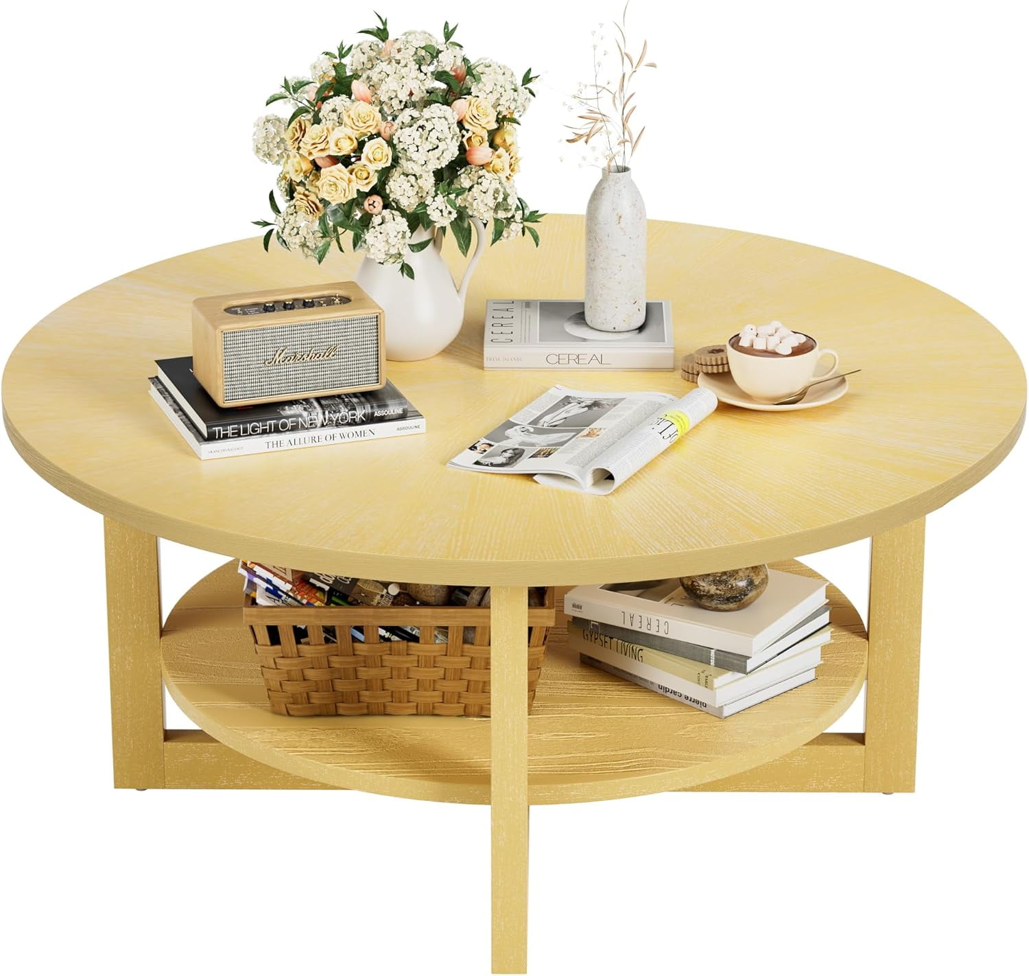 ZIRAV Round Wood Coffee Table, 2-Tier Solid Wooden Circle Coffee Table ...