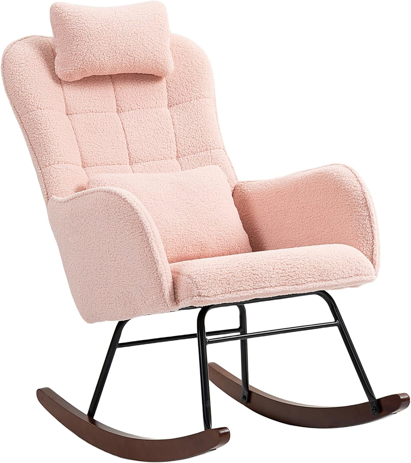 ZIRAV Upholstered Rocking Chair with Headrest and Lumber Pillow, Teddy ...