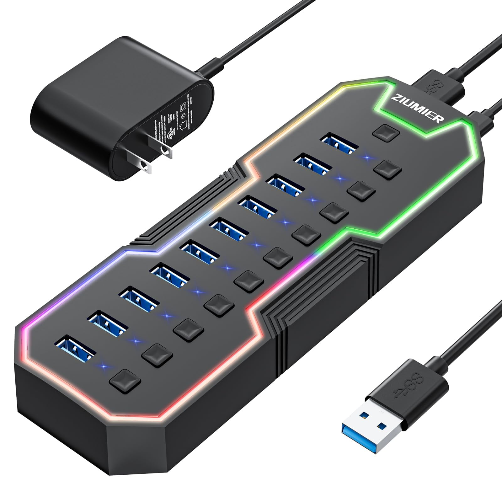 ZIUMIER Powered USB Hub, 10 Ports USB 3.0 Hub with RGB LED Strip and ...