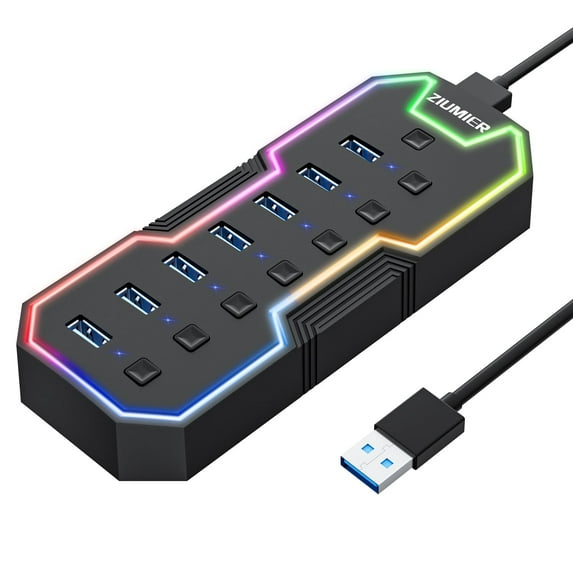ZIUMIER USB 3.0 Hub,7 Ports USB Expander with RGB LED Strip,USB Hub for ...