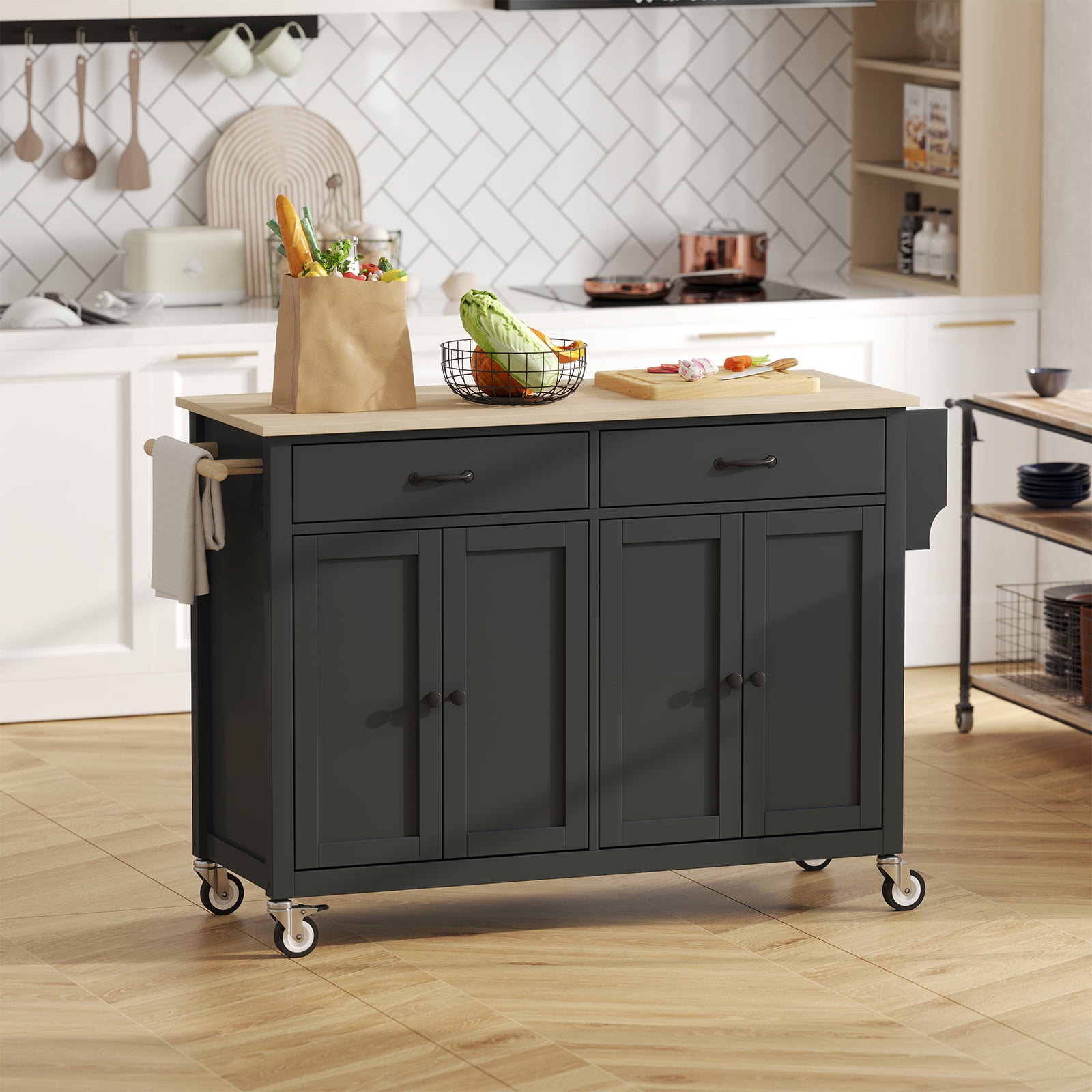 ZIVACATE Kitchen Island Cart with Solid Wood Top Mobile Carts Portable ...