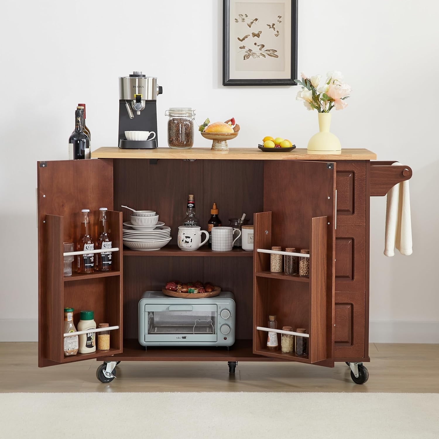 ZIVACATE Kitchen Island with Drop Leaf Countertop, Rolling Kitchen ...