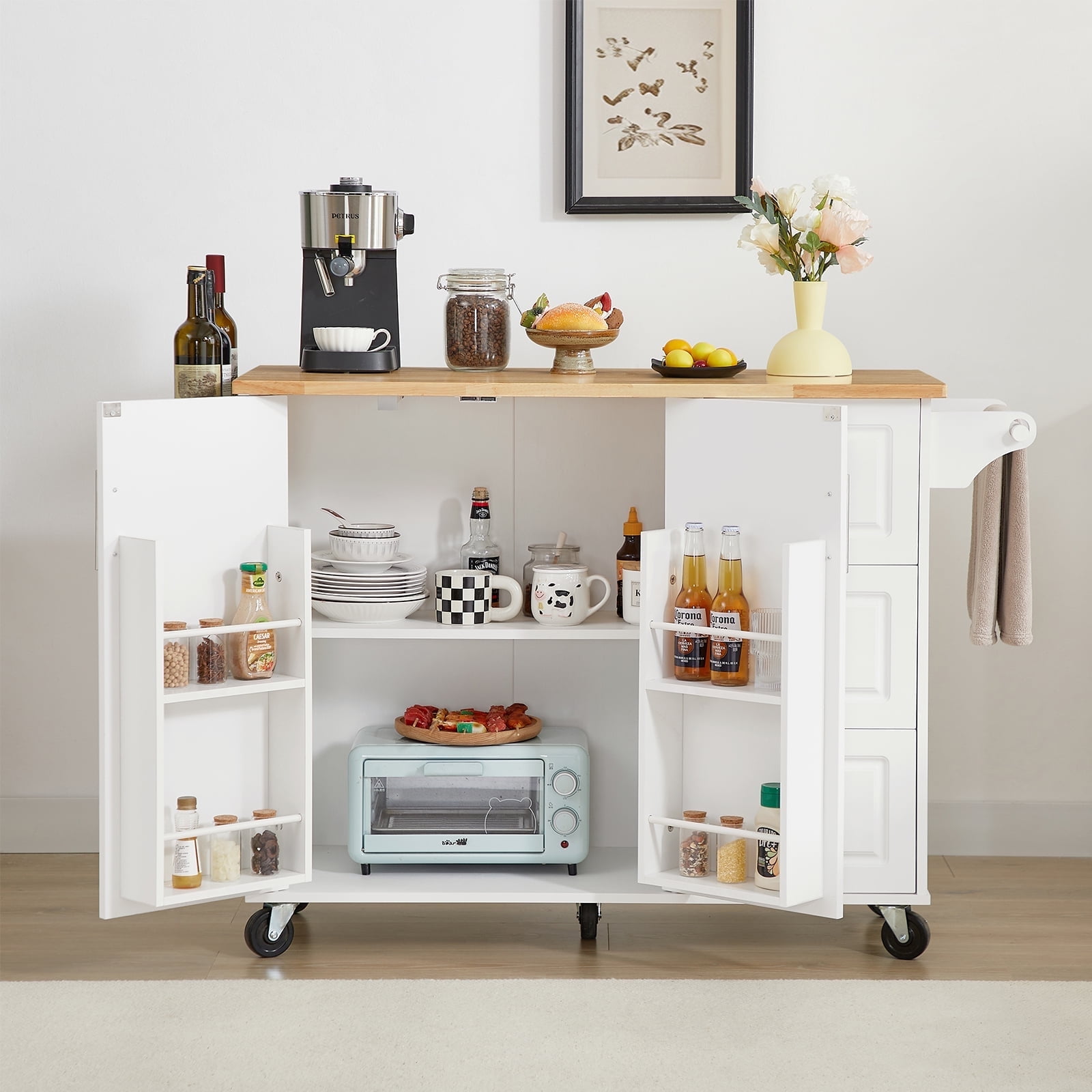 ZIVACATE Kitchen Island with Drop Leaf Countertop, Rolling Kitchen ...