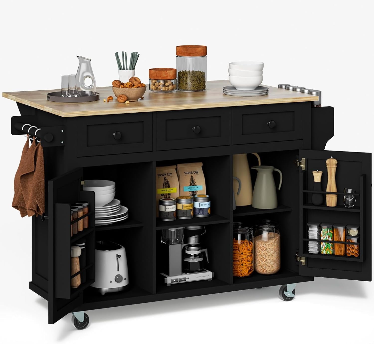 ZIVACATE Kitchen Island on Wheels with Wood Drop Leaf and Storage ...