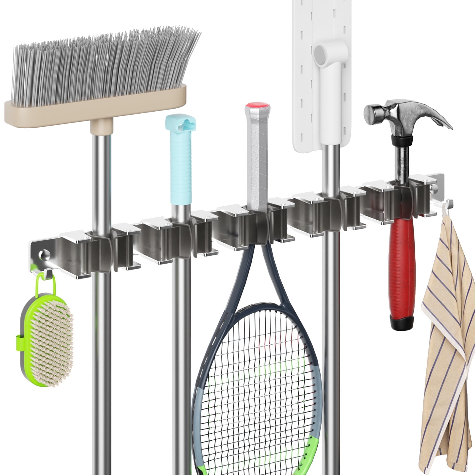 ZIVACATE 5 Racks and 2 Hooks Mop and Broom Holder Wall Mount, Broom Organizer Storage Tool Racks ...