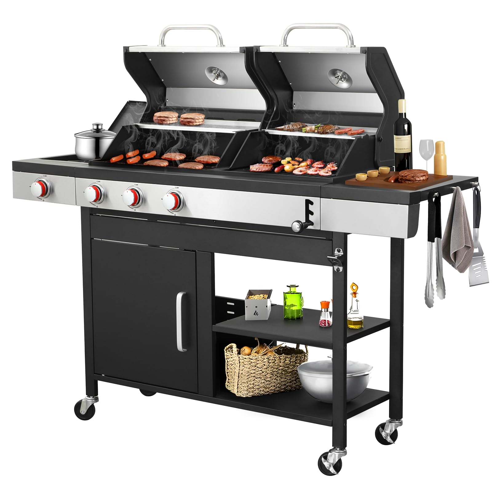 ZIVACATE Propane Gas and Charcoal Grill Combo with Enameled Cast Iron ...