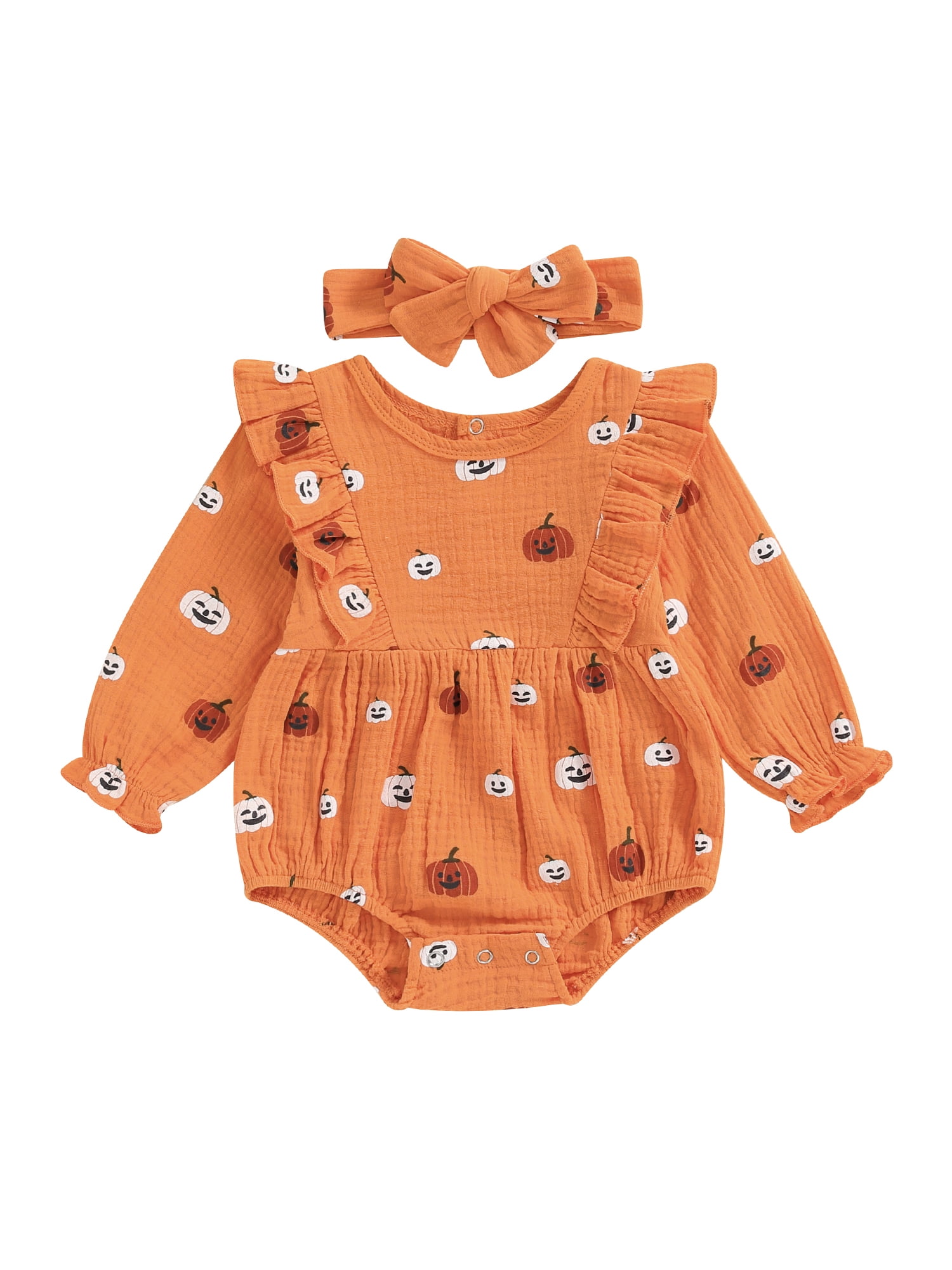 ZIYIXIN Infant Baby Girl Halloween Outfit Cute Pumpkin Print Long Sleeve Bubble Romper Ruffle ...