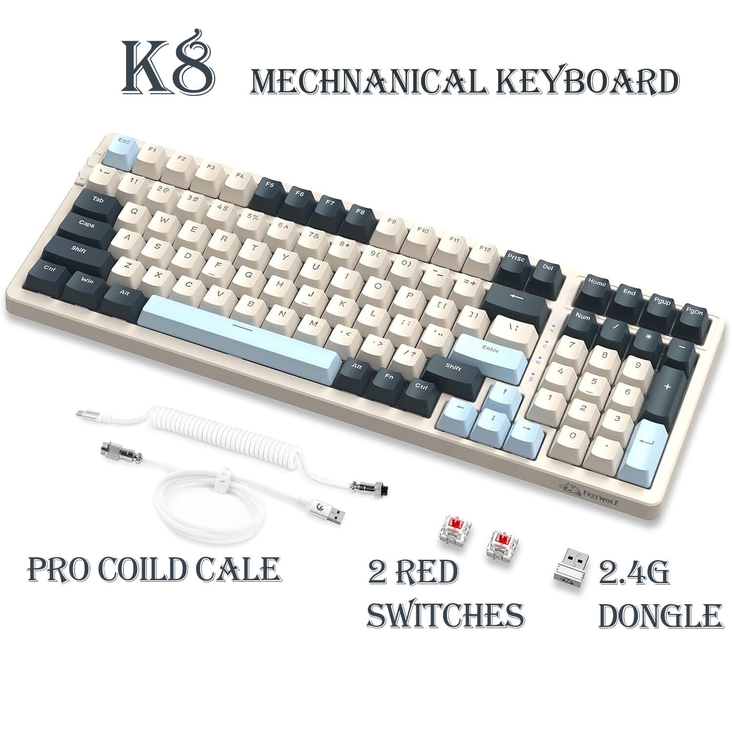 ZIYOULANG K8 3-Mode Wireless Mechanical Keyboard with Coiled Cable, BT5.0/2.4G/Wired, 19 Backlit ...