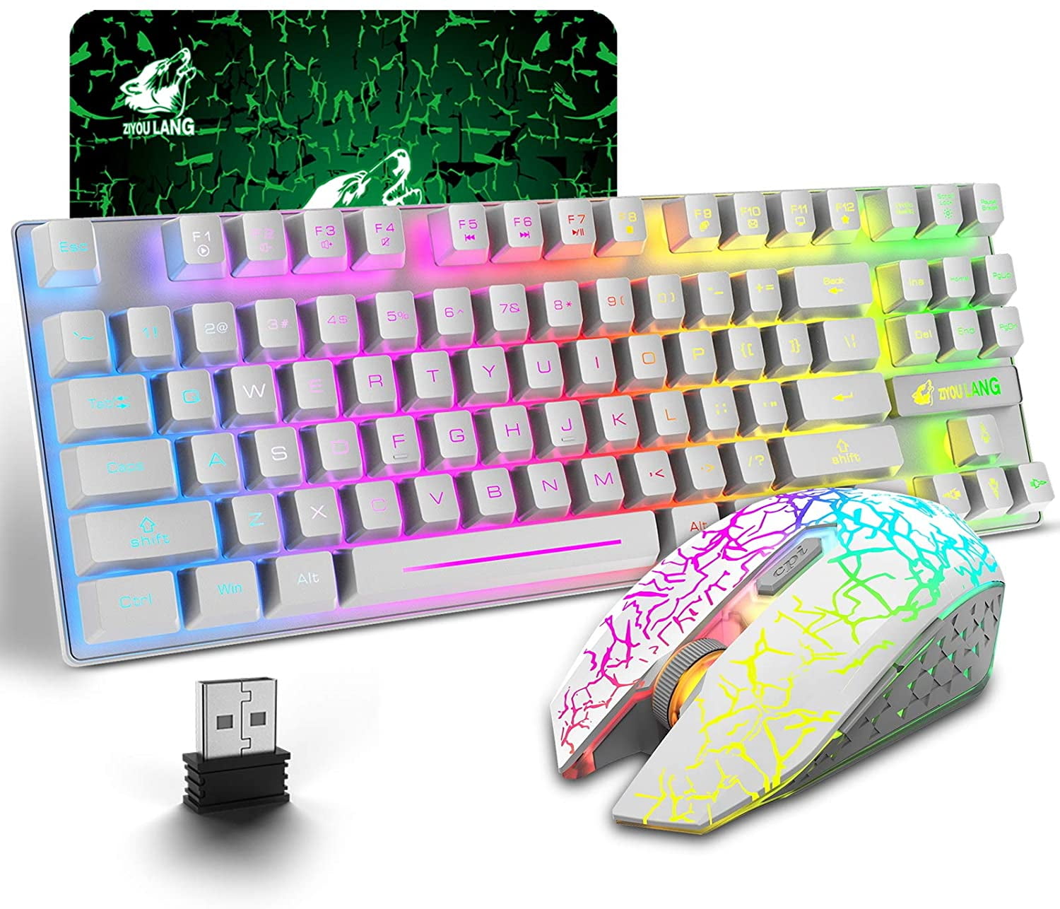 ZIYOULANG Wireless Gaming Keyboard and Mouse Combo with 87 Key Rainbow ...