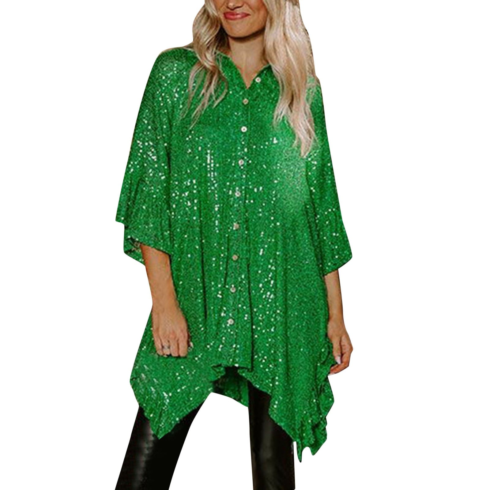 ZIZOCWA Women'S Mid Sleeved Sequined Shirts 2024 Spring Summer Loose ...