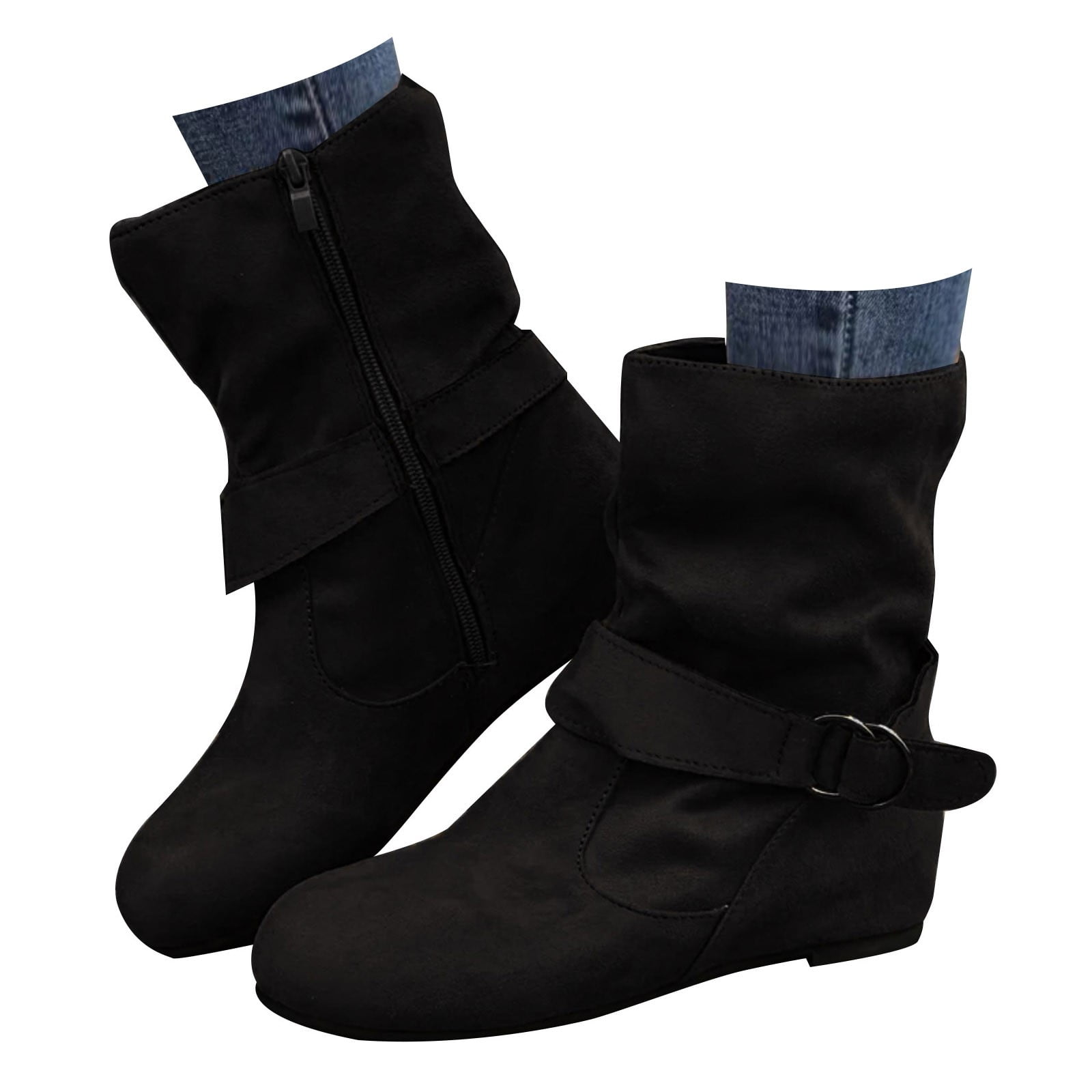 Zizocwa Womens Low Heel Ankle Boots Low Round Toe Ankle Leather Boots Casual And Ladies Shoes