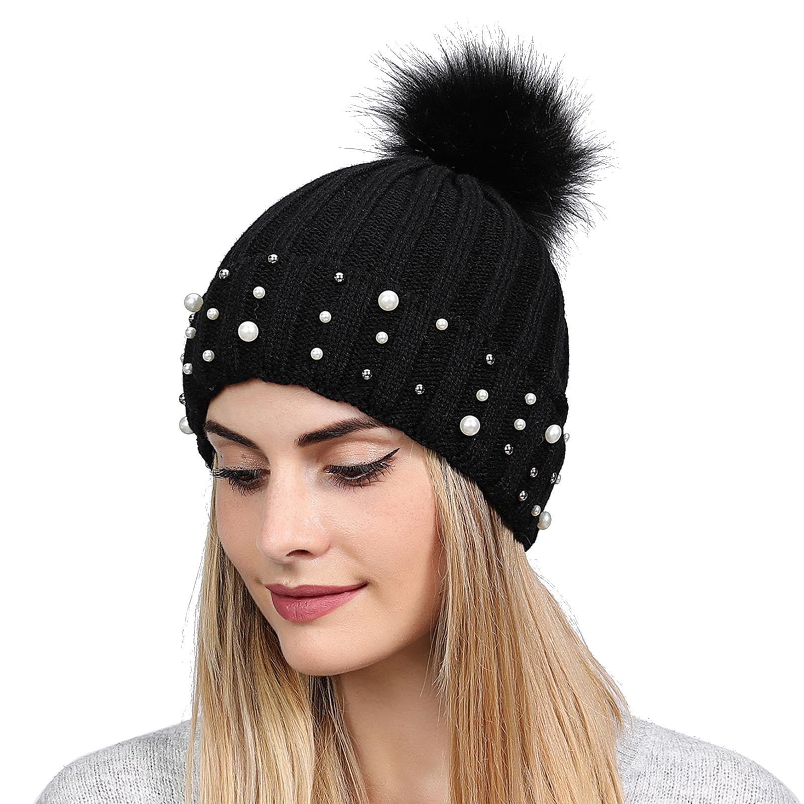ZIZOCWA Womens Winter Knitted Beanie Hat with Pom Pearl Warm Knit Caps ...