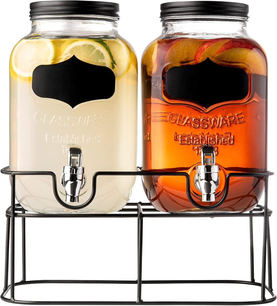 ZJBP Dual Mason Jar Drink Dispensers with Metal Stand (4-Liters Each ...