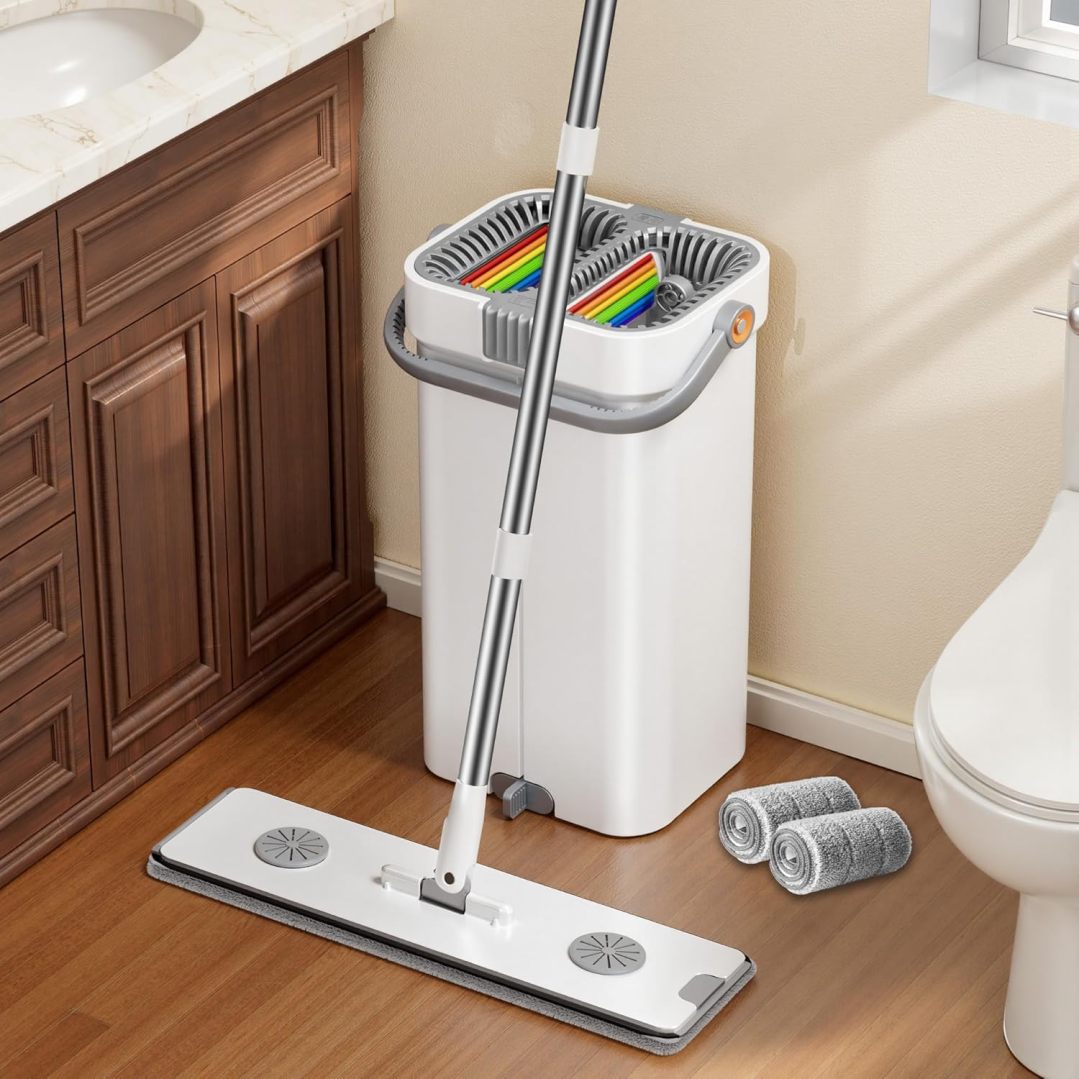 ZJBP Large Mop and Bucket Set with 7-Layer Scrapers,Flat Mop with ...