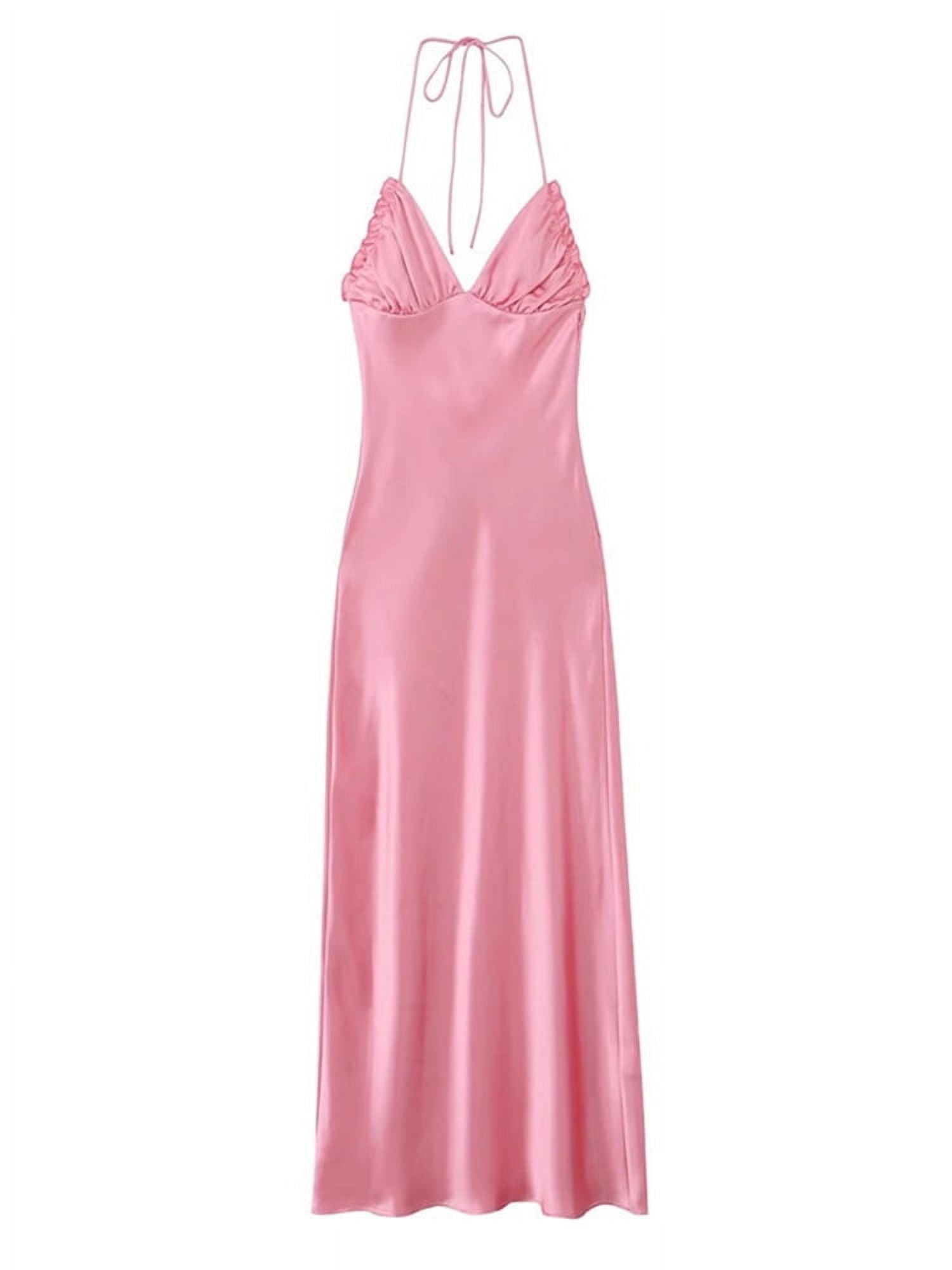 ZJHZJH Summer Stain Pleated Halter Long Dress Women's Chic Backless ...