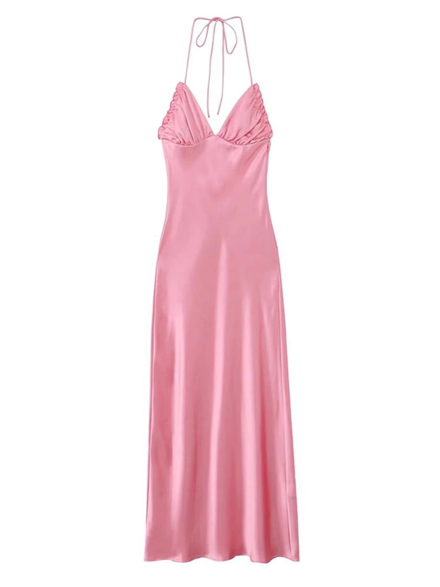 ZJHZJH Summer Stain Pleated Halter Long Dress Women's Chic Backless ...