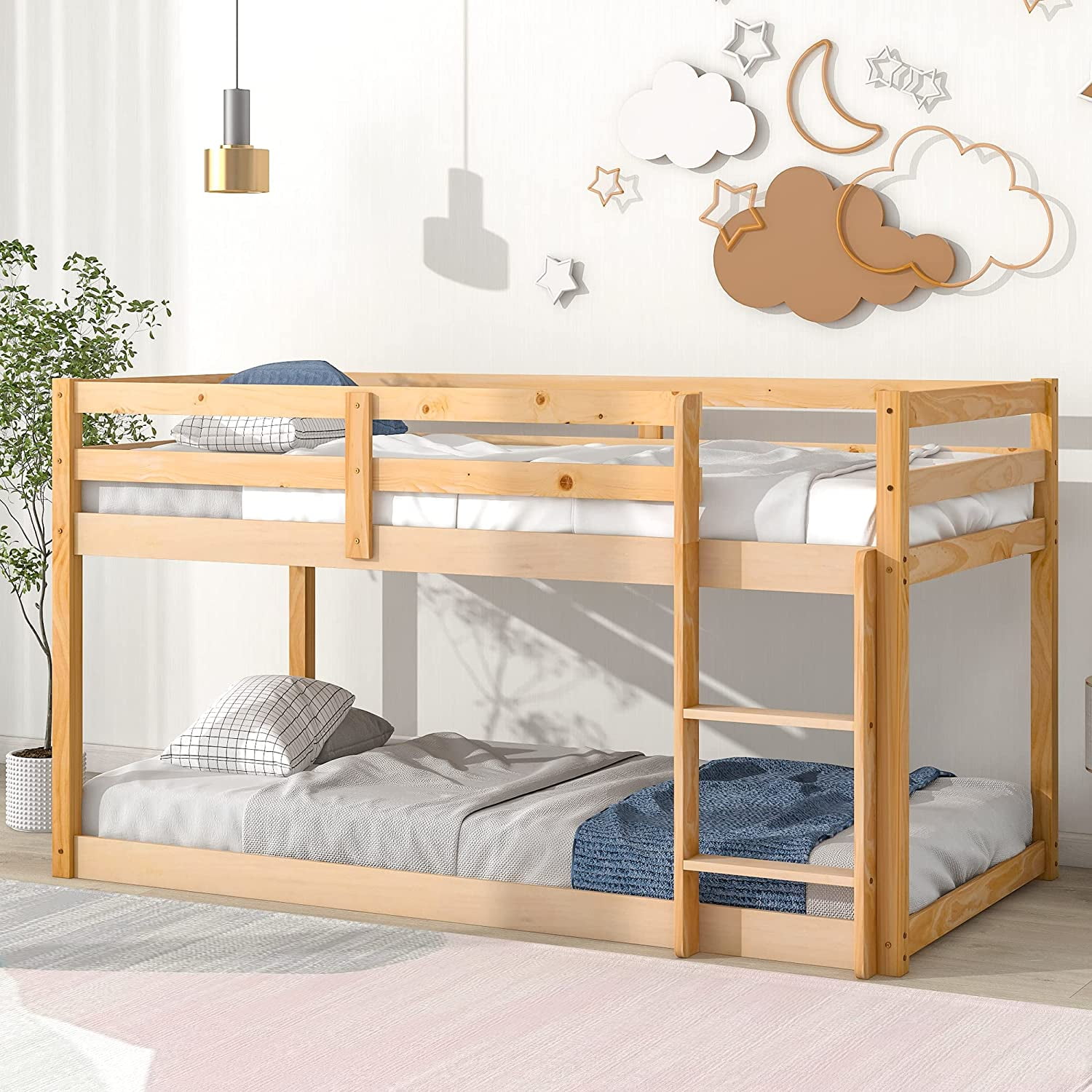 ZJIAH Solid Wood Twin Over Twin Floor Bunk Bed w Ladder Safety Guard ...