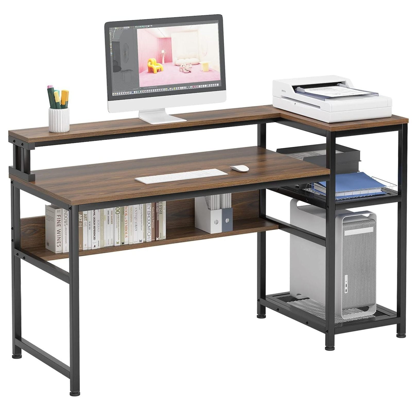 ZJINJIN 62 inches Computer Desk with Monitor Stand and Storage Shelves ...