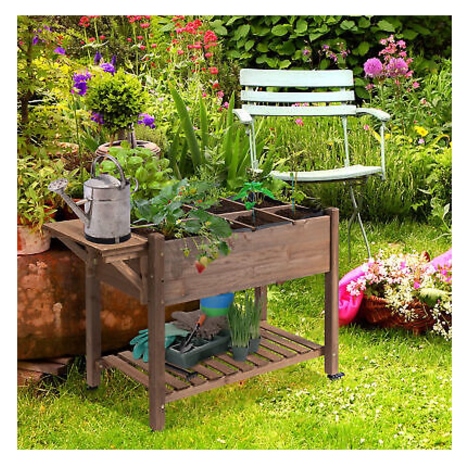 ZJINJIN Raised Garden Bed Planter Box w/ 8 Grow Grids, Storage Shelf ...