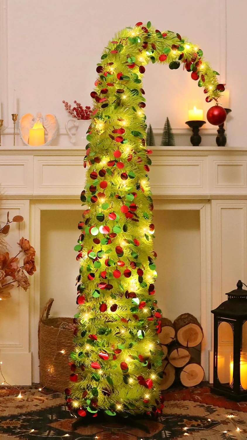 ZJQYDS 5 FT Whimsical Pop Up Christmas Tree with Timer Lights, Lime ...