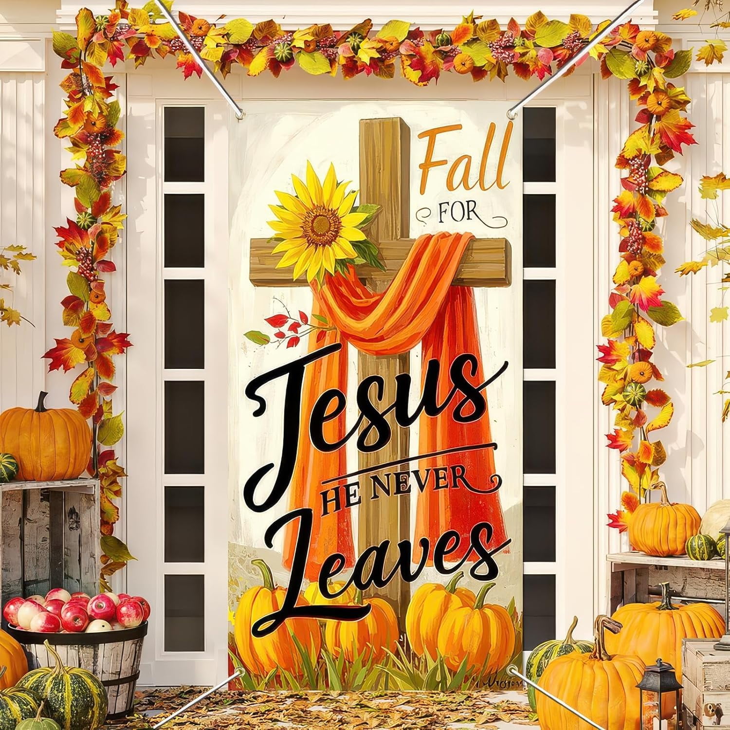 ZJQYDS Fall for Jesus Door Cover Thanksgiving Backdrop Pumpkin Cross ...