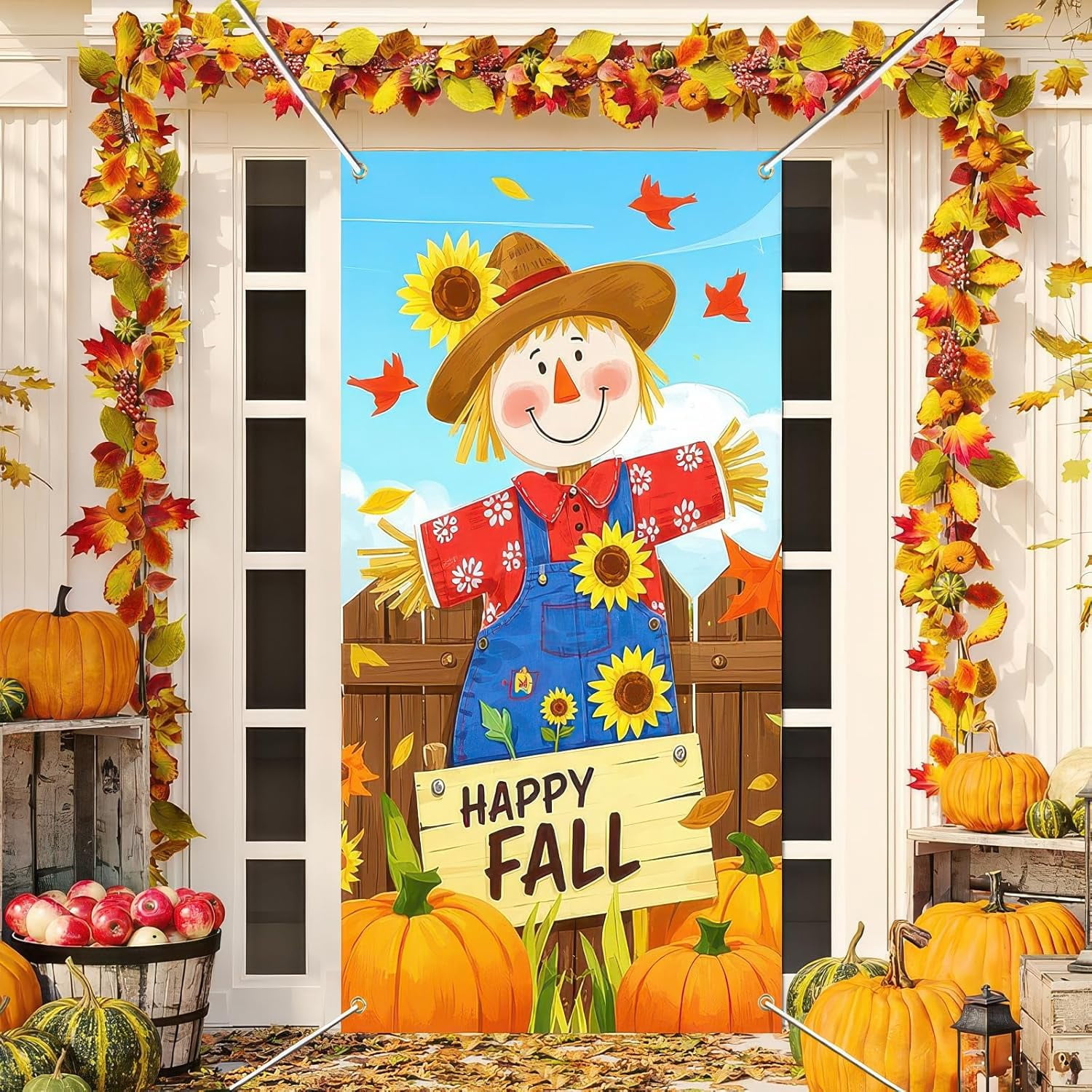 ZJQYDS Happy Fall Door Cover Thanksgiving Backdrop Scarecrow Sunflower ...