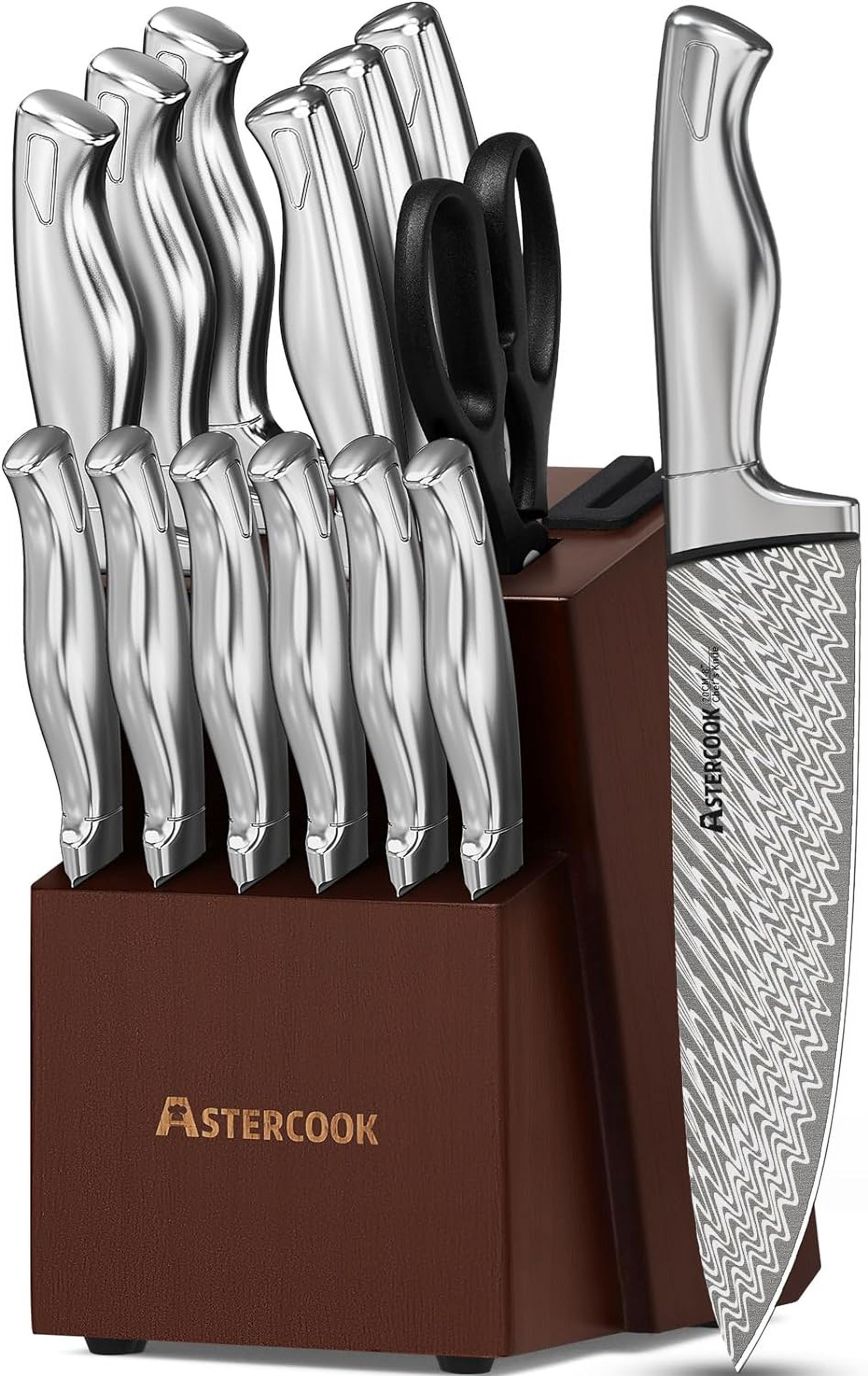 ZJQYDS Knife Set, 15-Piece Kitchen Knife Set with Block, Built-in Knife ...