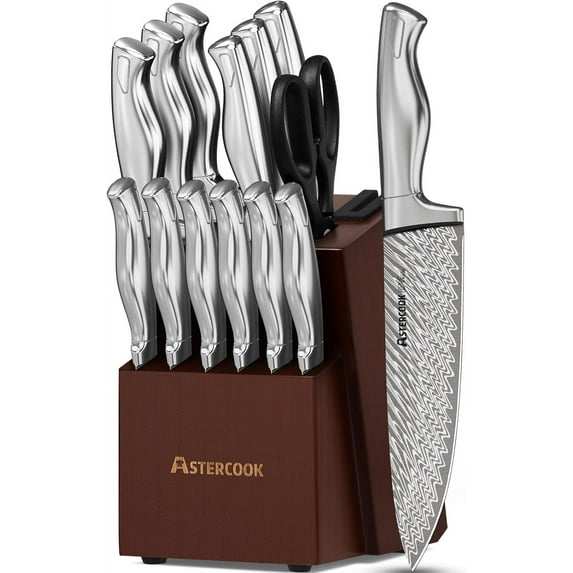 ZJQYDS Knife Set, 15-Piece Kitchen Knife Set with Block, Built-in Knife ...