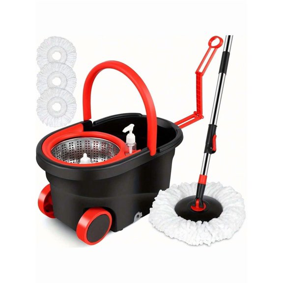 Red 360 Spin Indoor Mop and Easy Wring Bucket System - 3 Microfiber ...