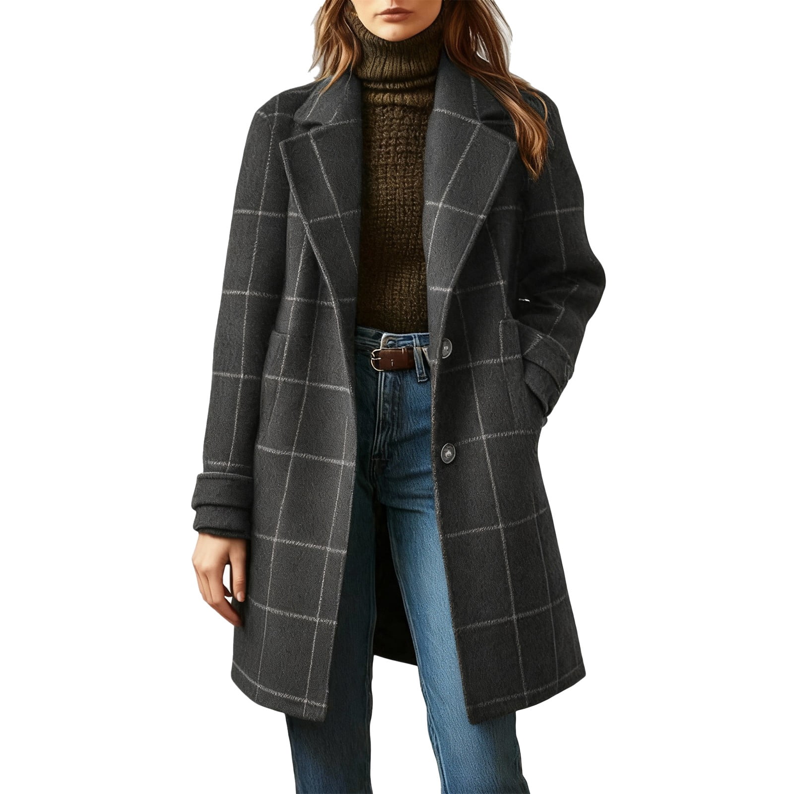 ZJXFGS Knee Length Coats For Women Tartan Coat Plaid Jacket For Woman ...