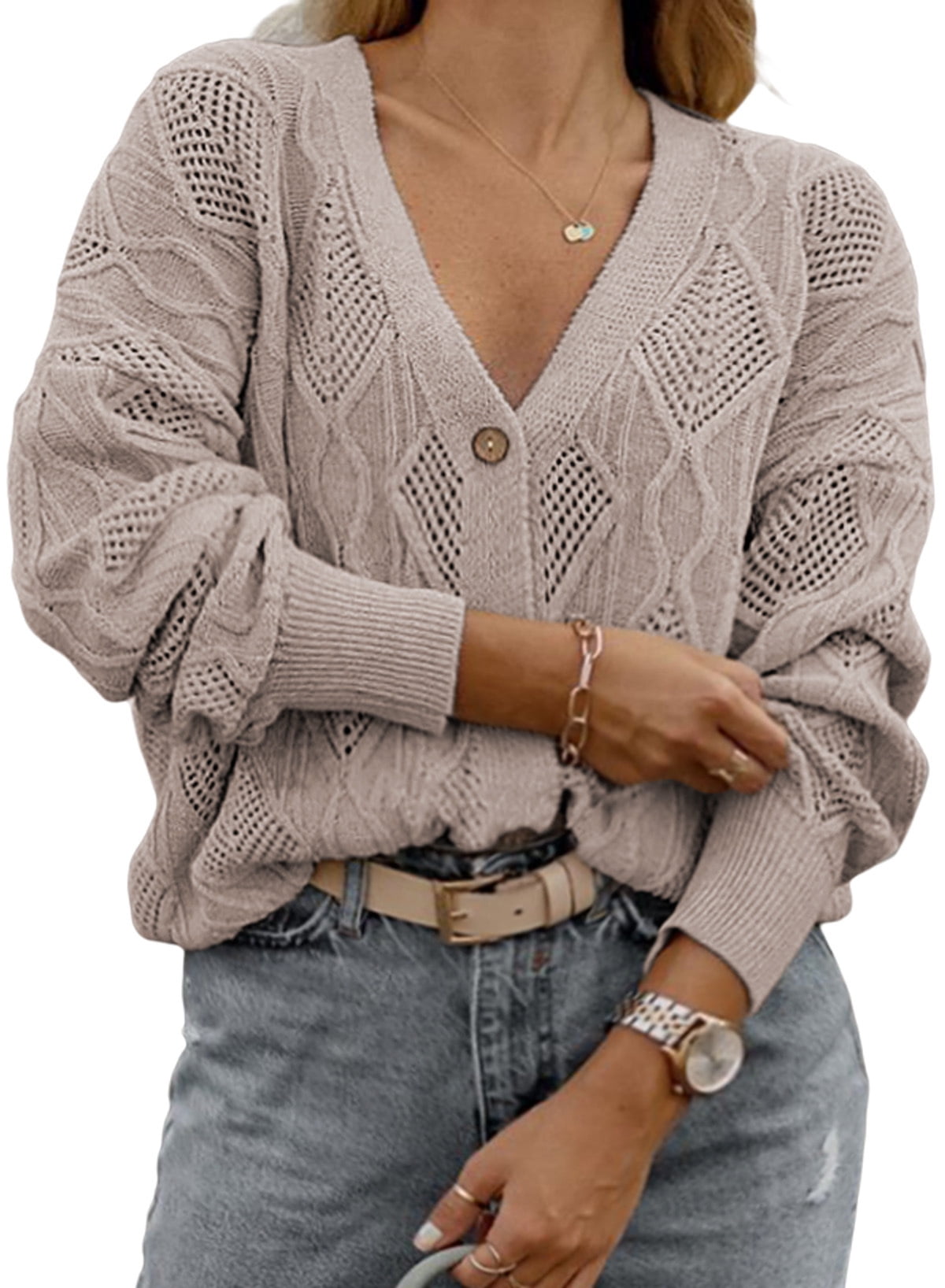 Zkess Women Plus Size Cardigan Oversized Long Sleeve V Neck Button Down