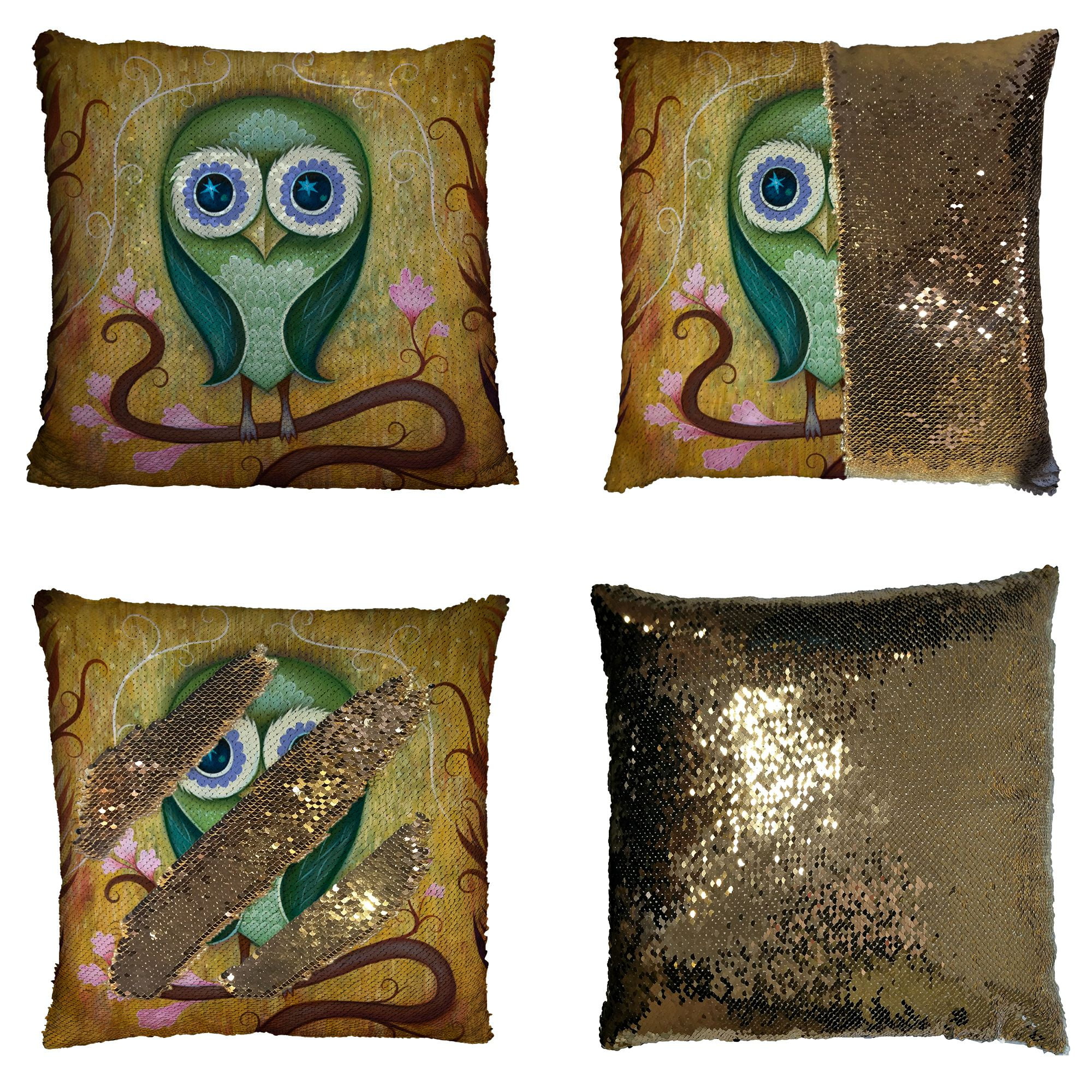 ZKGK Owl Art Pattern Reversible Mermaid Sequin Pillow Case 16x16 inches ...