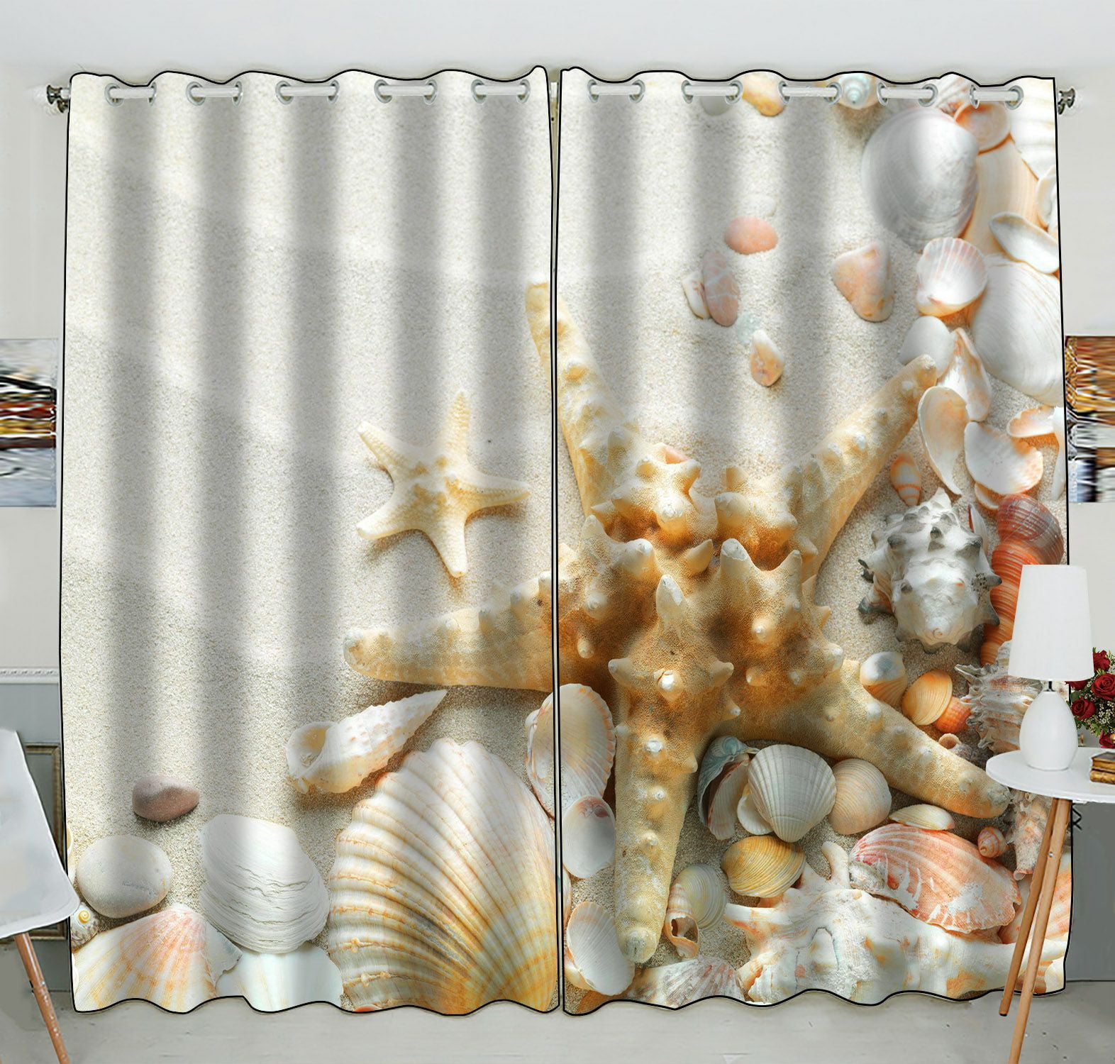 ZKGK Summer Beach with Starfish Sea Shells Window Curtain Drapery ...