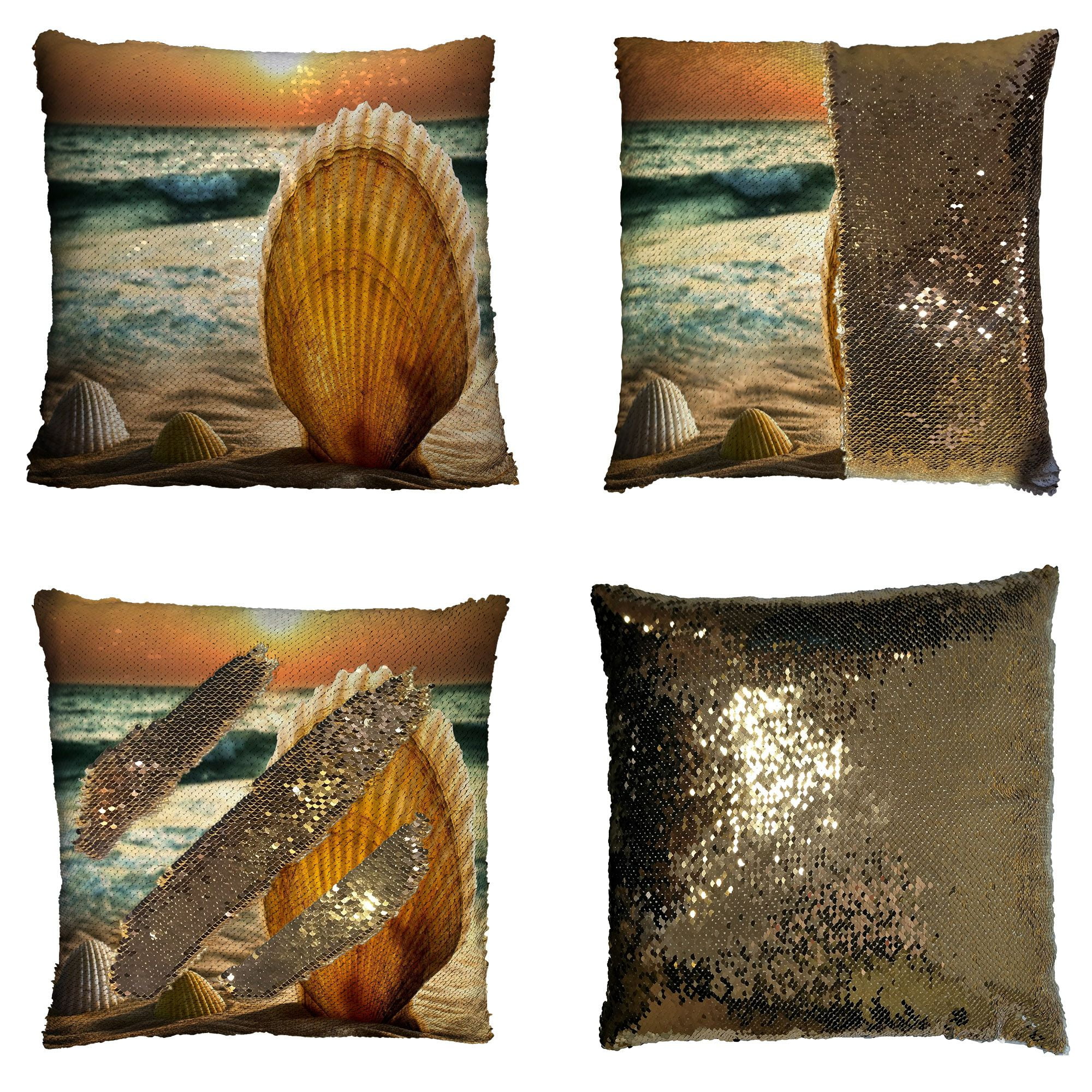 ZKGK Sunset Sea Beach Seashell Reversible Mermaid Sequin Pillow Case ...