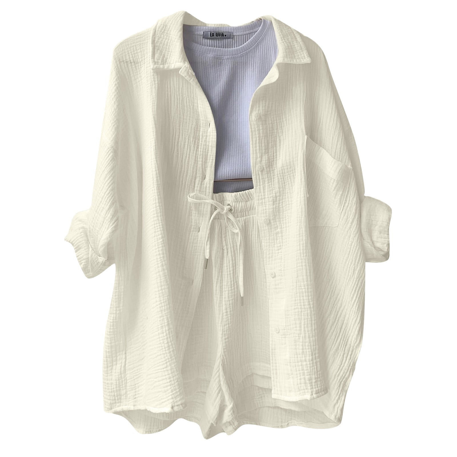 ZKIRBJV 2 Piece Sets for Women Summer Long Sleeve Button Muslin Top and ...