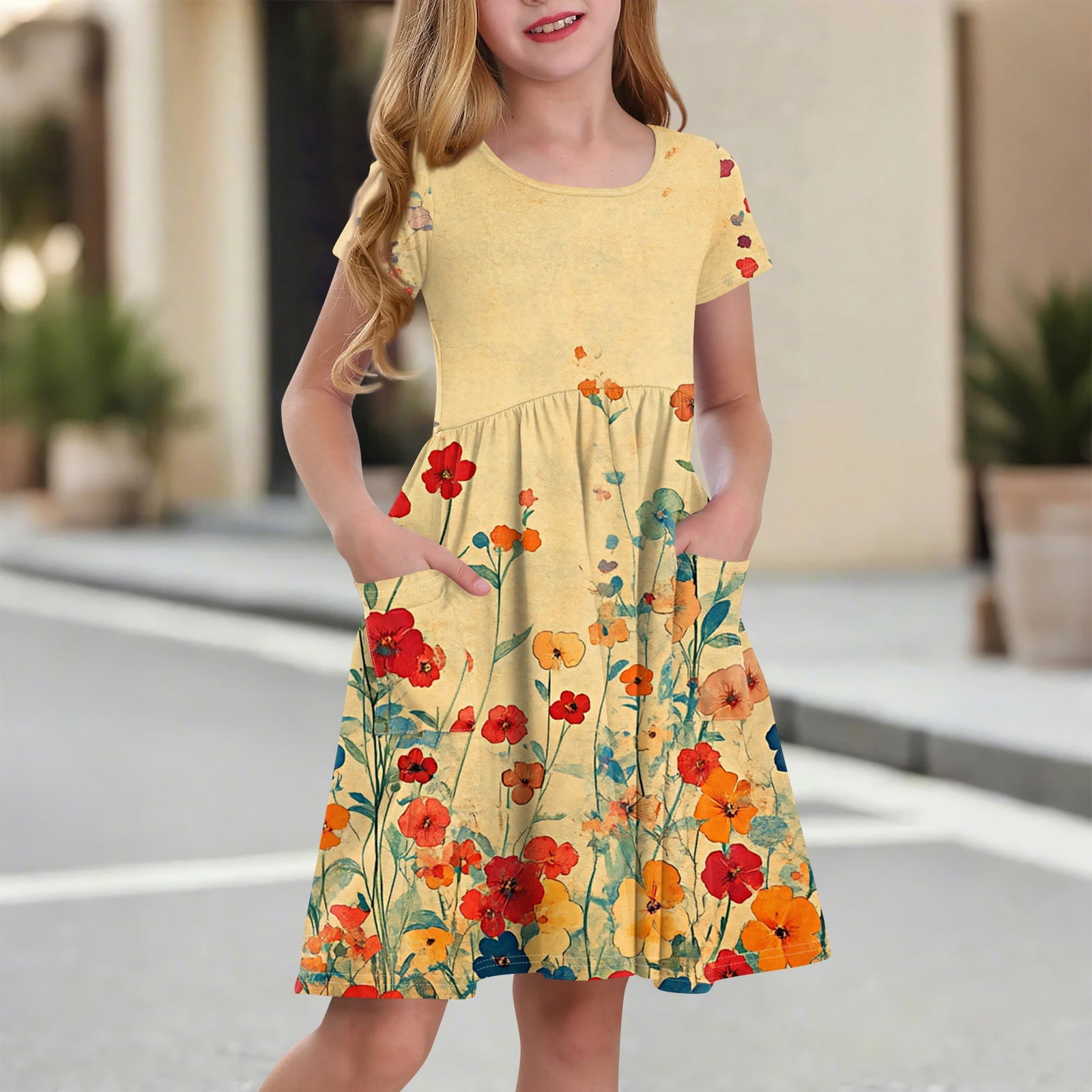 Mlqidk Girls Sundress Size 10-12 Beach floral print Short Sleeve ...