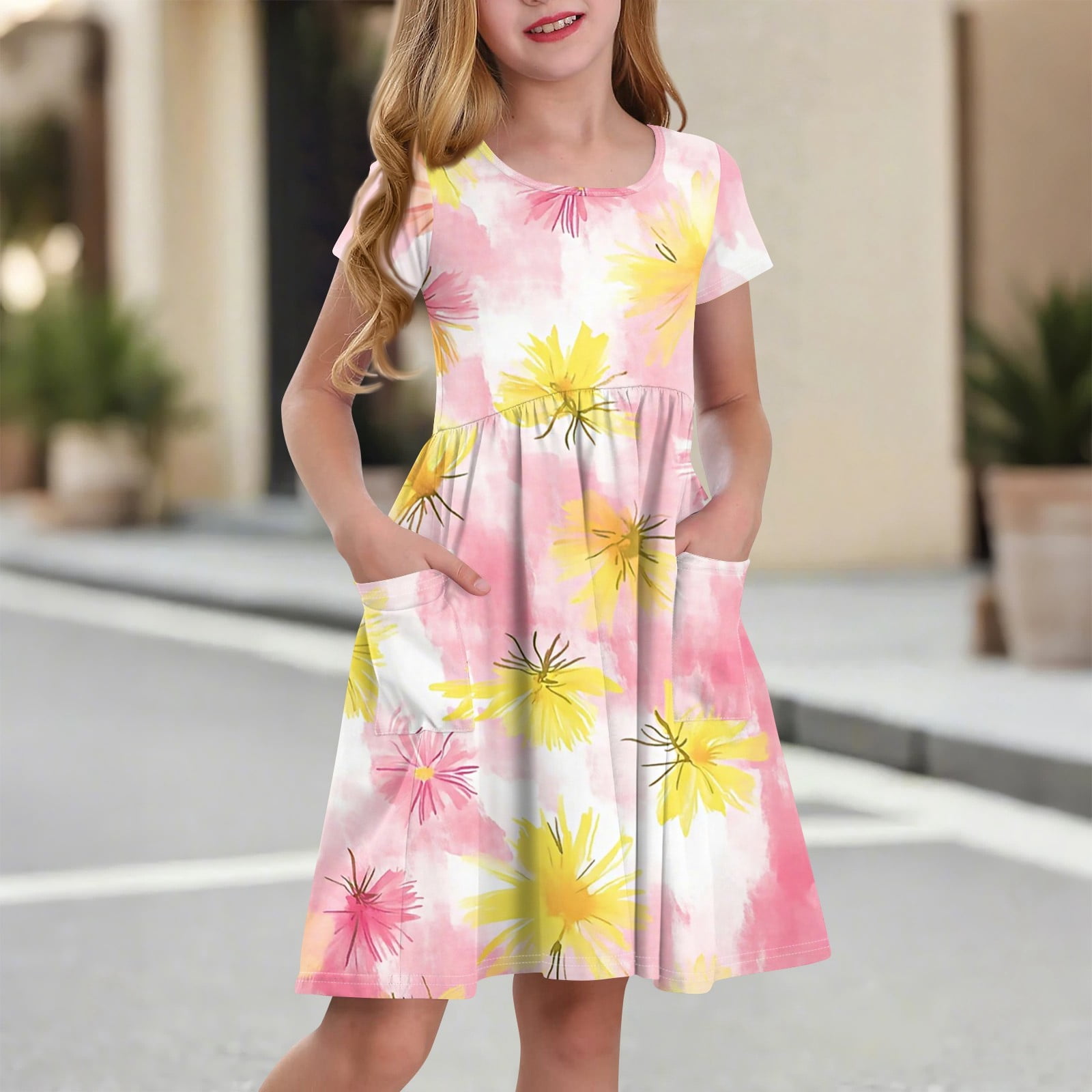 Mlqidk Dress for Girls Size 10-12 Twirl Cute floral print Short Sleeve ...
