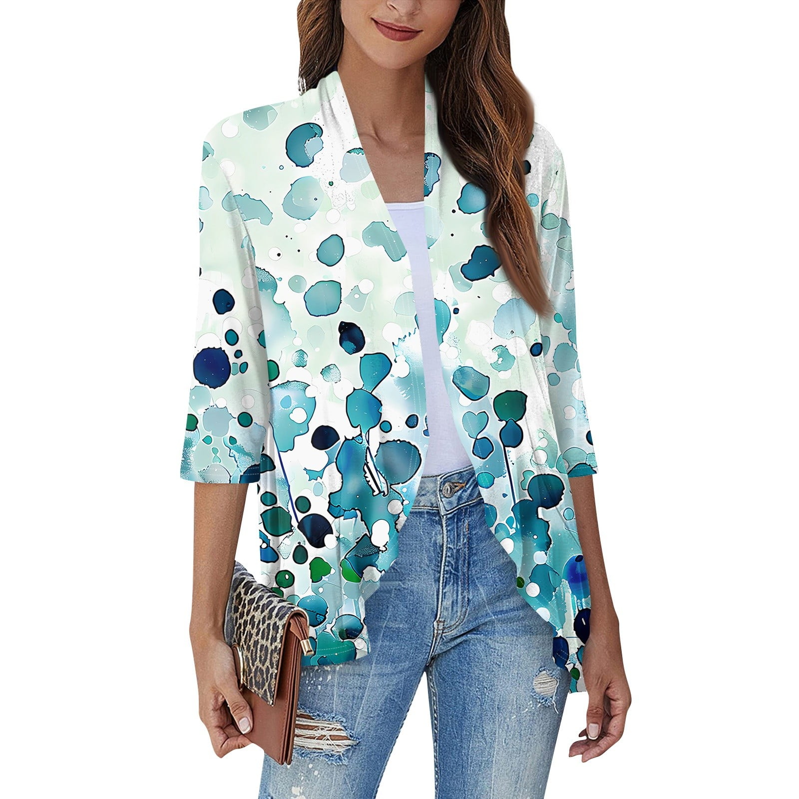 ZKIRBJV Cardigans Plus Size 3/4 Sleeve Ruffle Trim Cardigan Sweaters ...