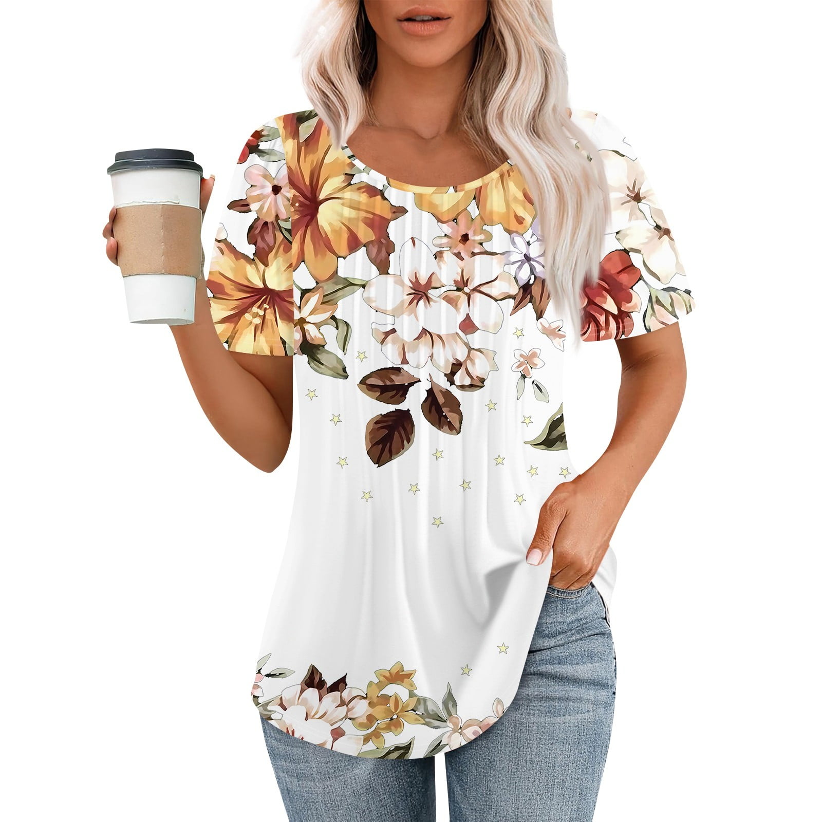 ZKIRBJV Ladies Summer Tops Short Sleeve Shirts Pleated Scoop Neck ...