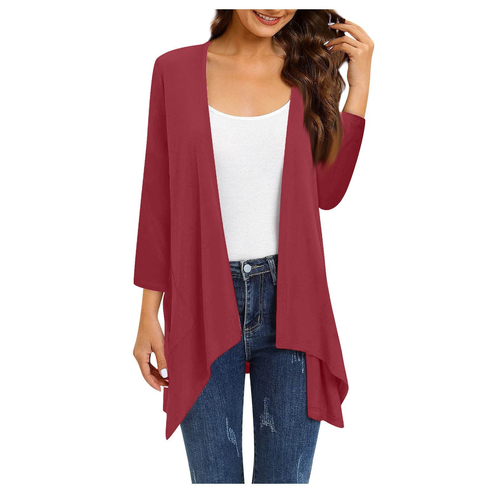 ZKIRBJV Plus Size Lightweight 3/4 Sleeve Cardigan 3/4 Sleeve Kimono ...