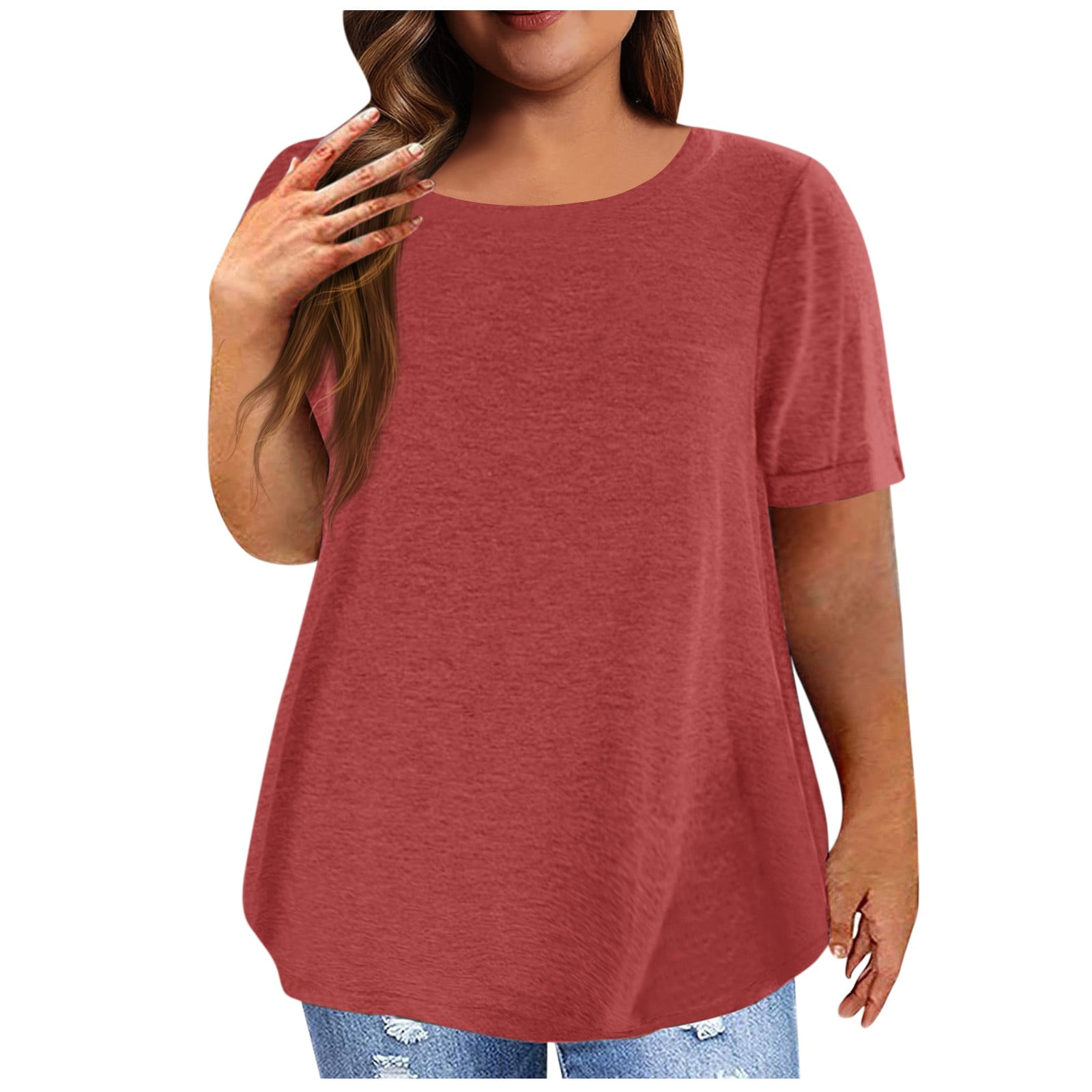 ZKIRBJV Plus Size T Shirts for Women Loose Sexy Tops Crew Neck Short Sleeve Solid Color Plain T ...