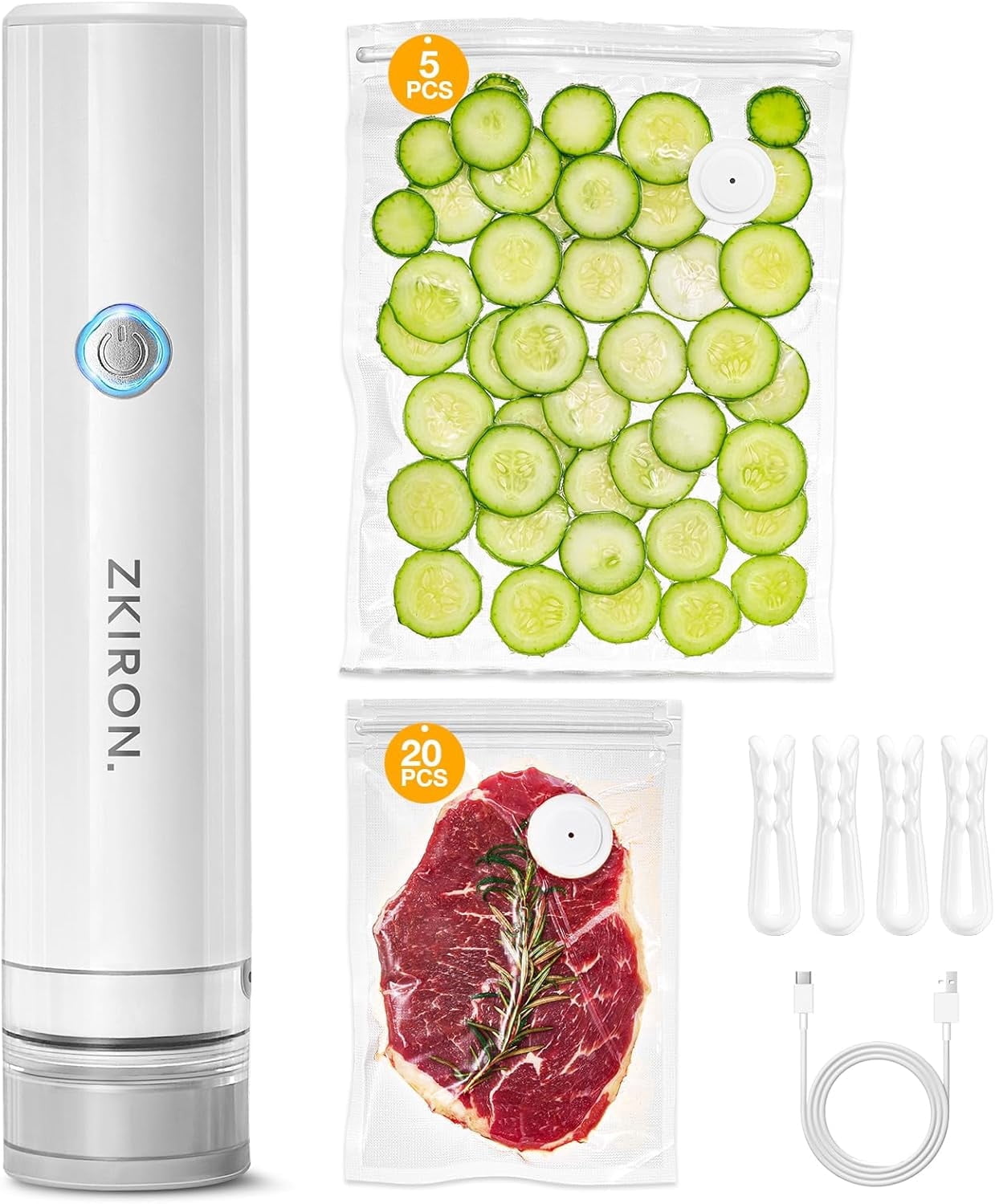 ZKIRON OneTouch Handheld Vacuum Sealer with 25 Reusable Vacuum Bags ...