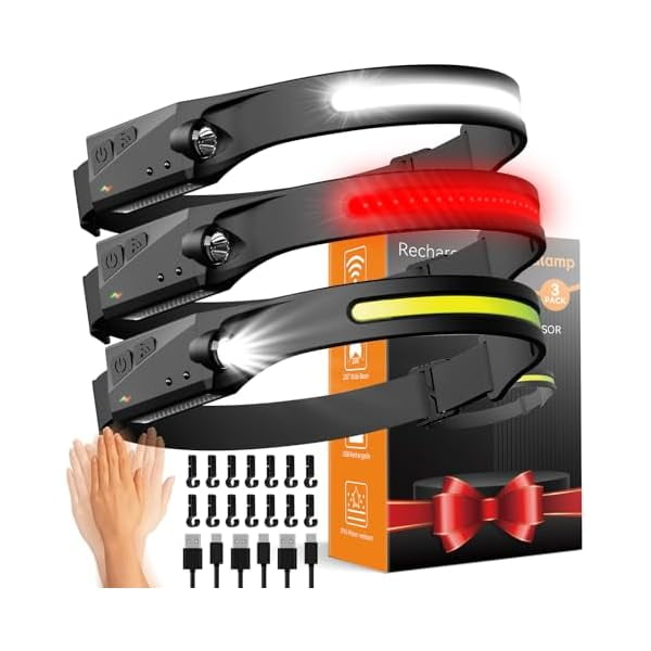ZLCHeadlamp Rechargeable 3 Pack, 230° Wide Beam Running Head Lamp Hands ...