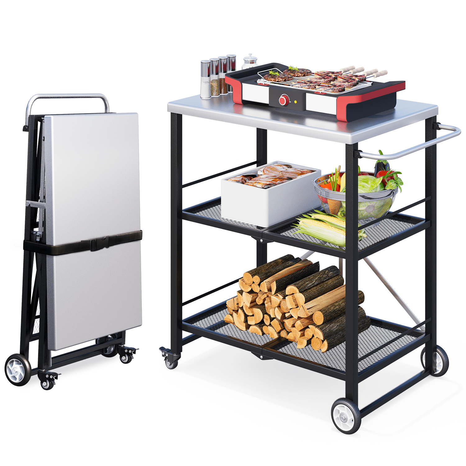 ZLERP Foldable Outdoor Grill Cart with 2 Total Lock Casters, Stainless ...