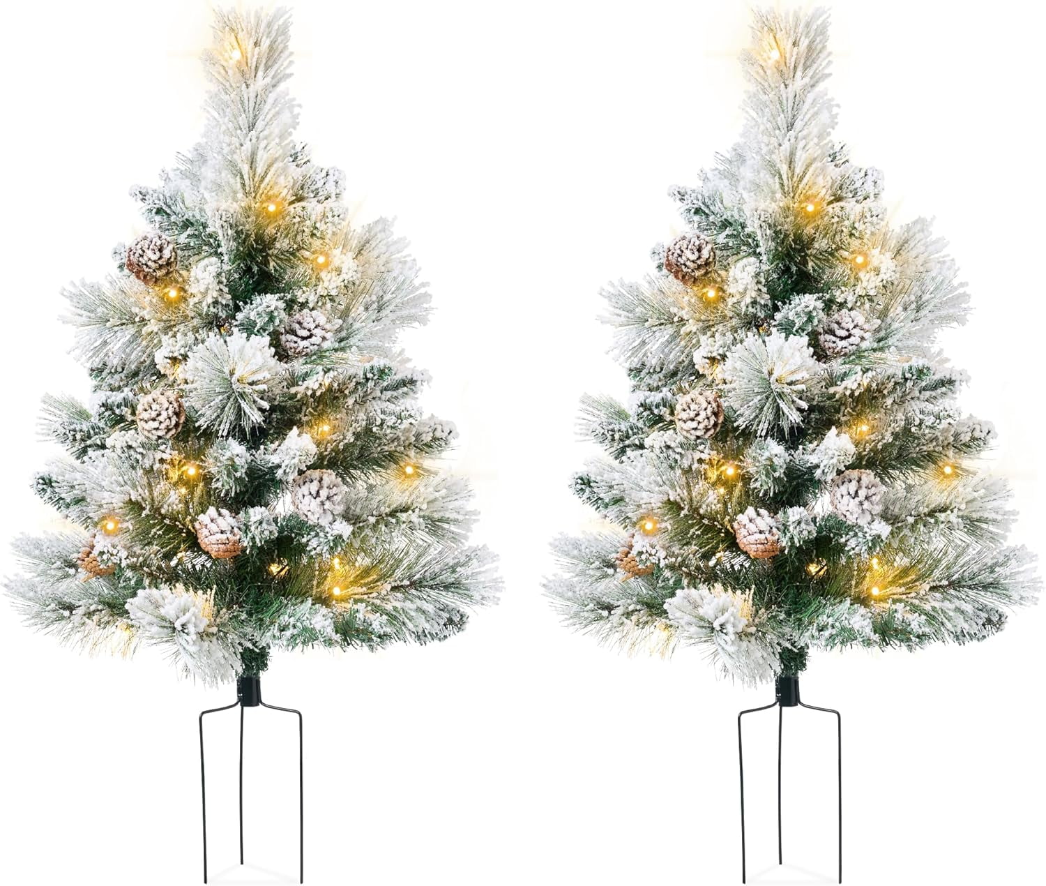 ZLERP Set of 2 24.5in Outdoor Pathway Christmas Trees, Battery Operated Pre-Lit Holiday Décor w ...