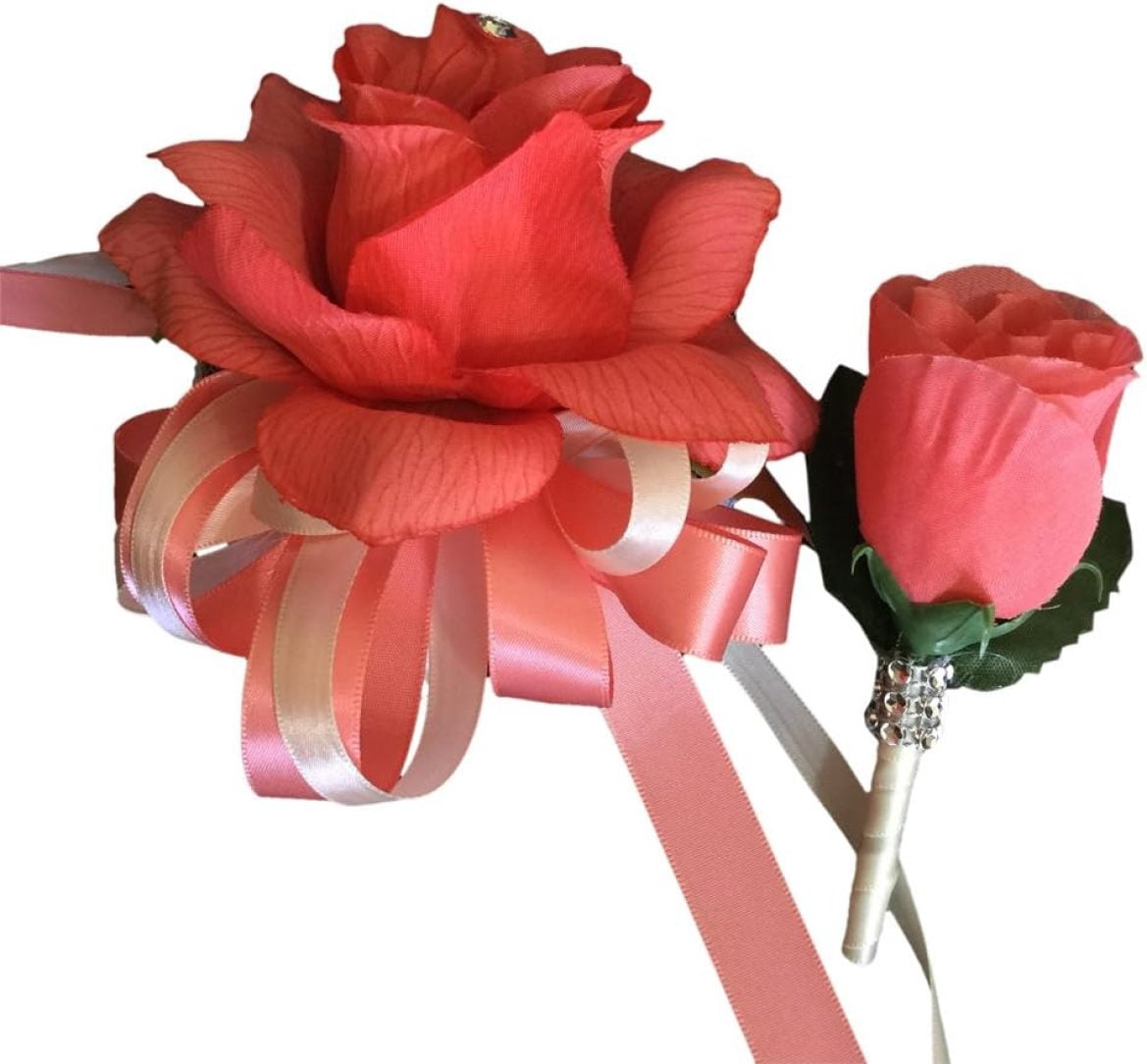 ZLGP 2pc Set: Wrist Corsage&boutonneire - Coral Rose Ivory Ribbon ...