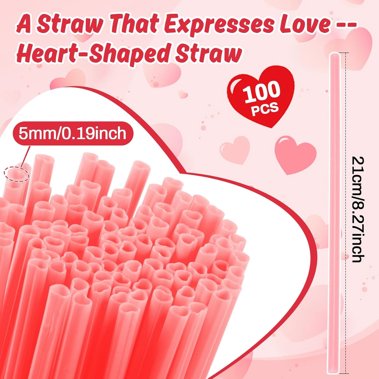 ZLKMQM Valentine's Day Heart Straws 100pcs Pink Disposable Plastic ...