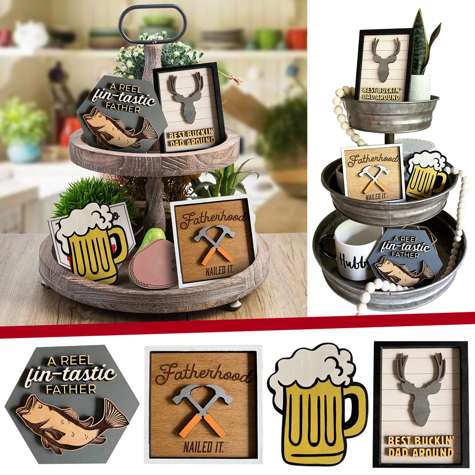 ZLLDECOR 4 Pcs Father's Day Tiered Tray Decor Wooden Table Signs Father ...