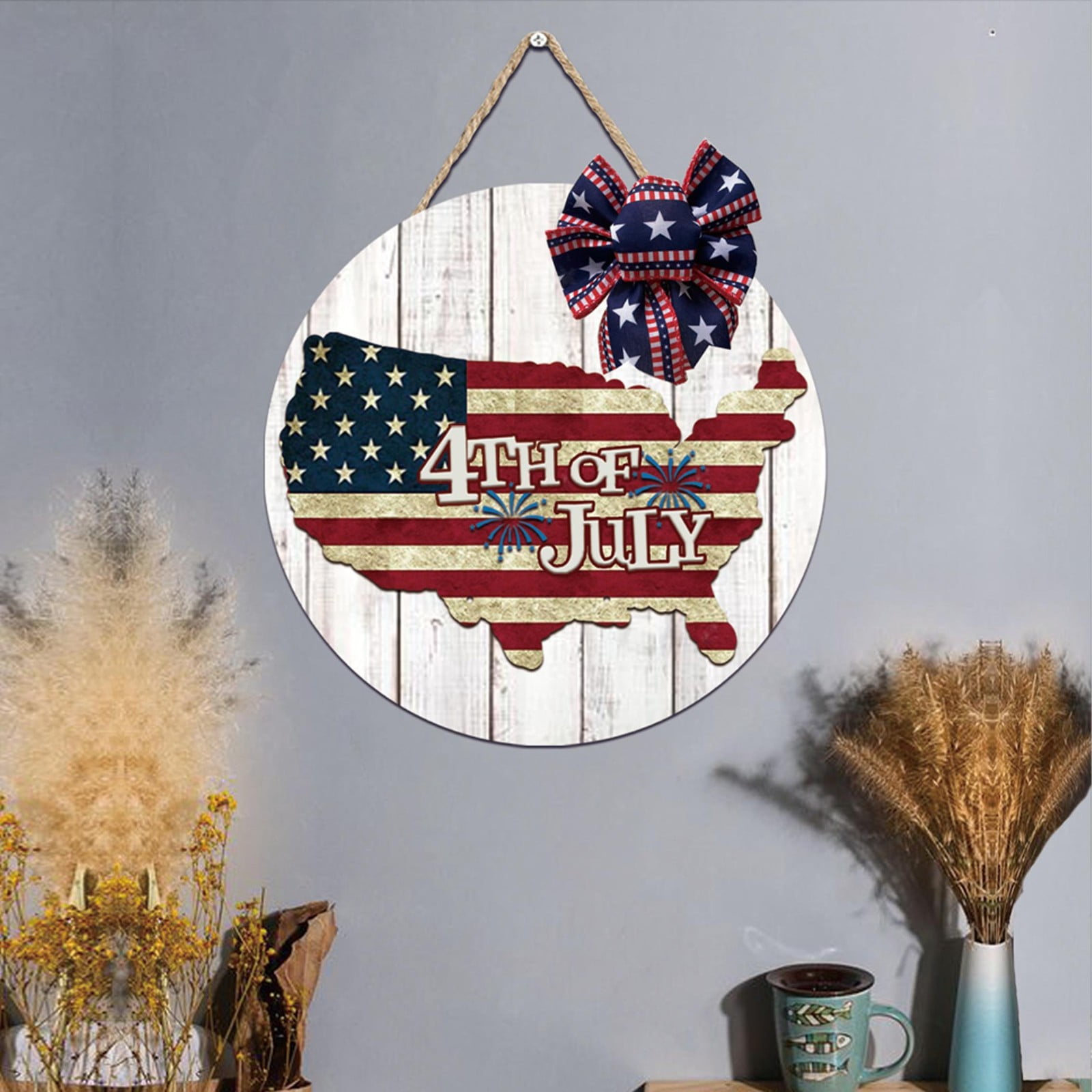 ZLLDECOR Independence Day Rustic American Wooden Hanging Sign With Bow ...
