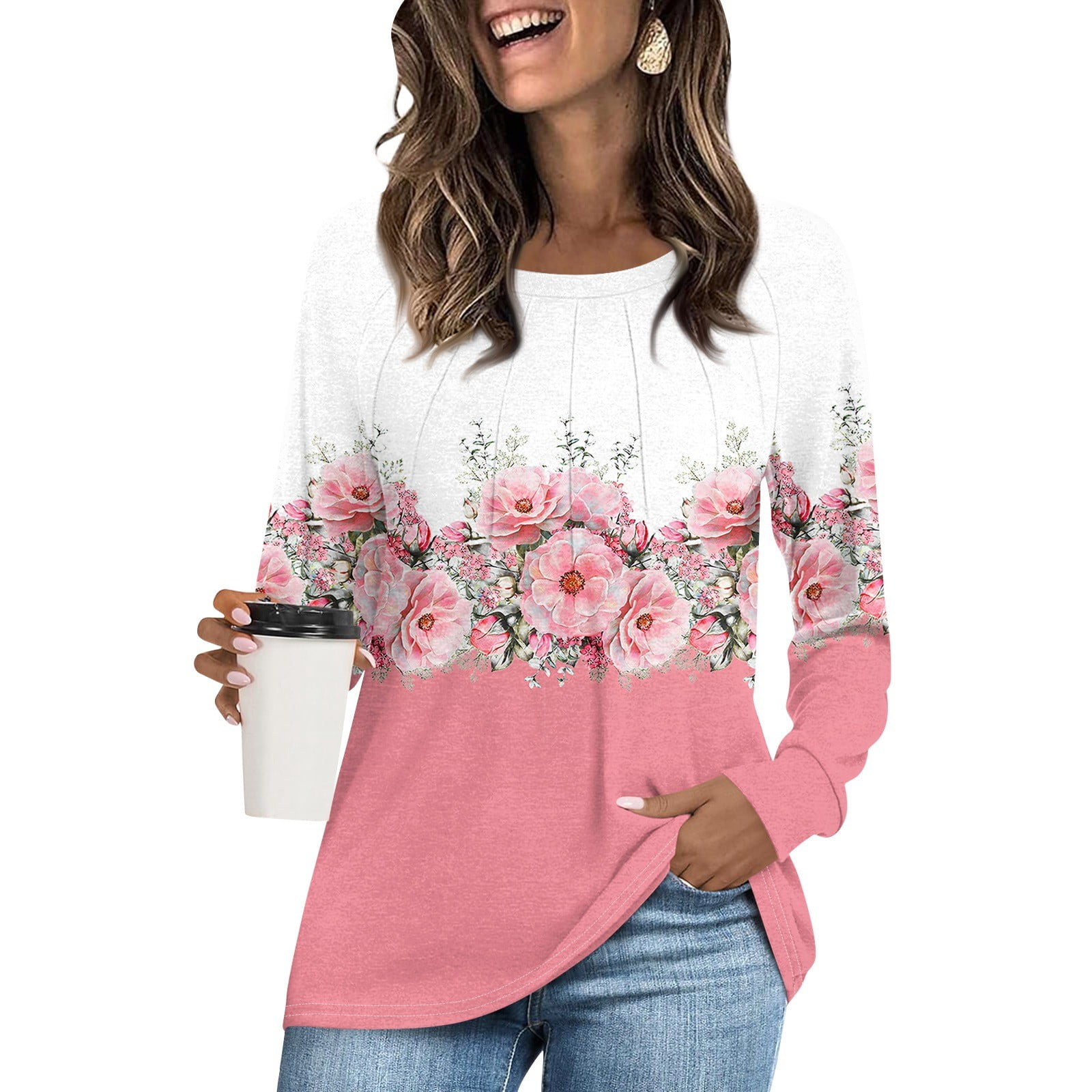 ZLOVHE Womens Long Sleeve Tops Floral Dressy Shirts Pleated Crewneck ...